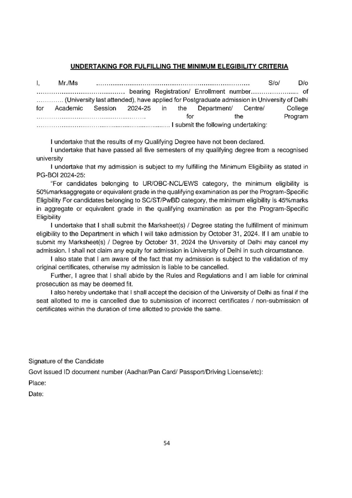 DU PG 2024 Undertaking - for UNDERTAKING FOR FULFILLING THE MINIMUM ELEGIBILITY CRITERIA Mr./Ms ...