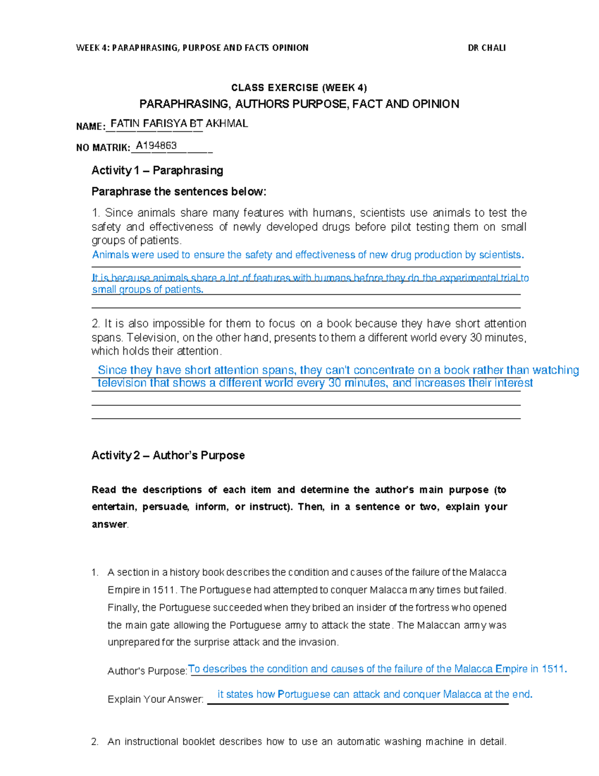 English Practice Speak to Persuade - CLASS EXERCISE (WEEK 4) PARAPHRASING, AUTHORS PURPOSE, FACT ...