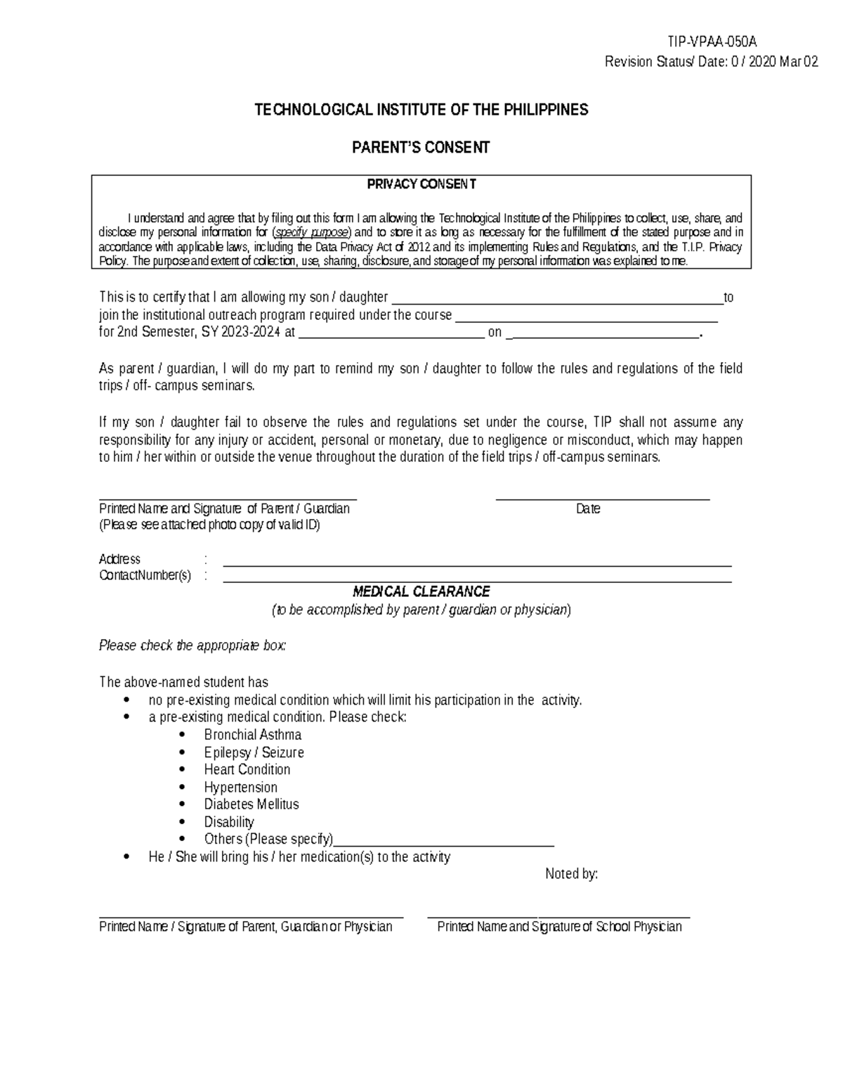 Parents-Consent - TIP-VPAA-050A Revision Status/ Date: 0 / 2020 Mar 02 ...