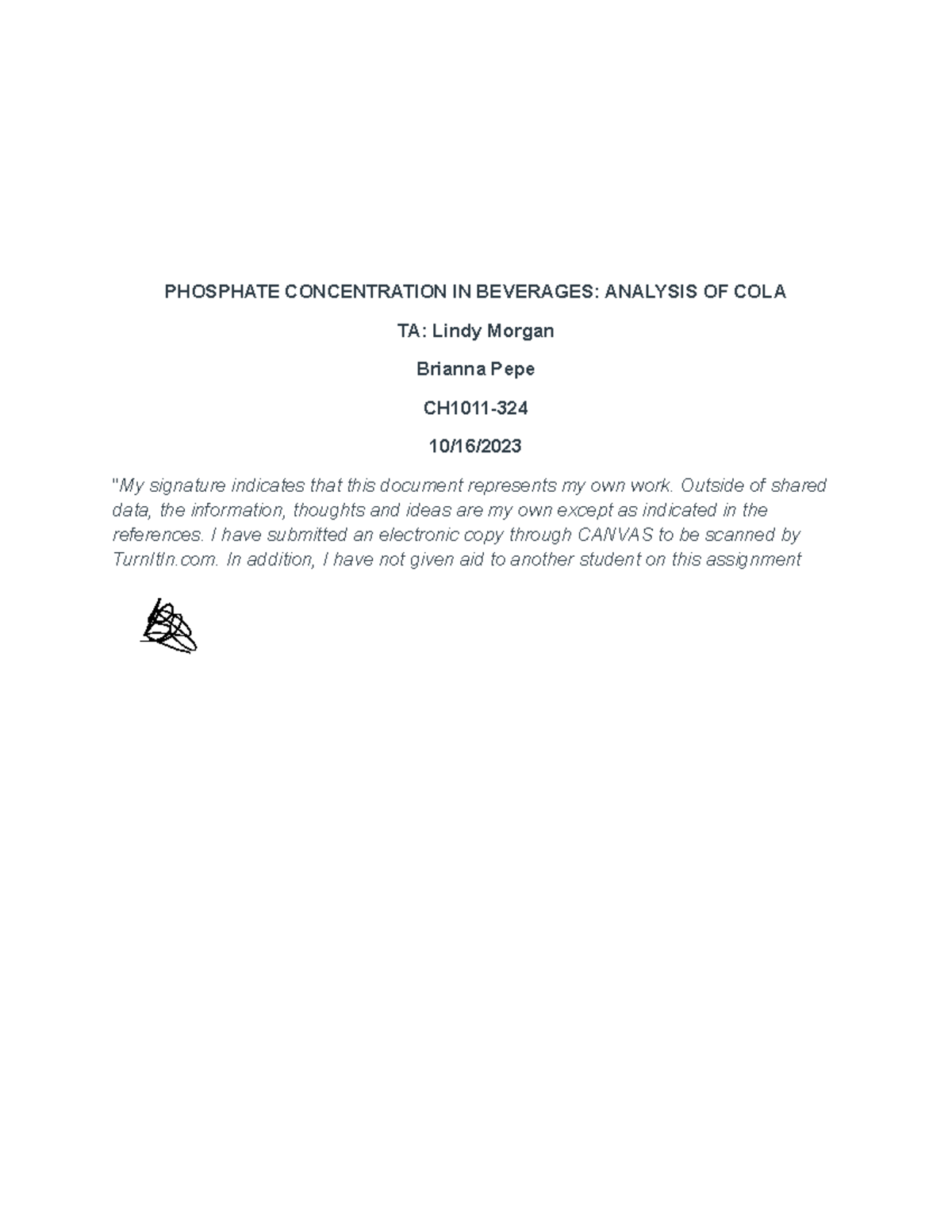 Anylsis of Cola Lab report - PHOSPHATE CONCENTRATION IN BEVERAGES ...