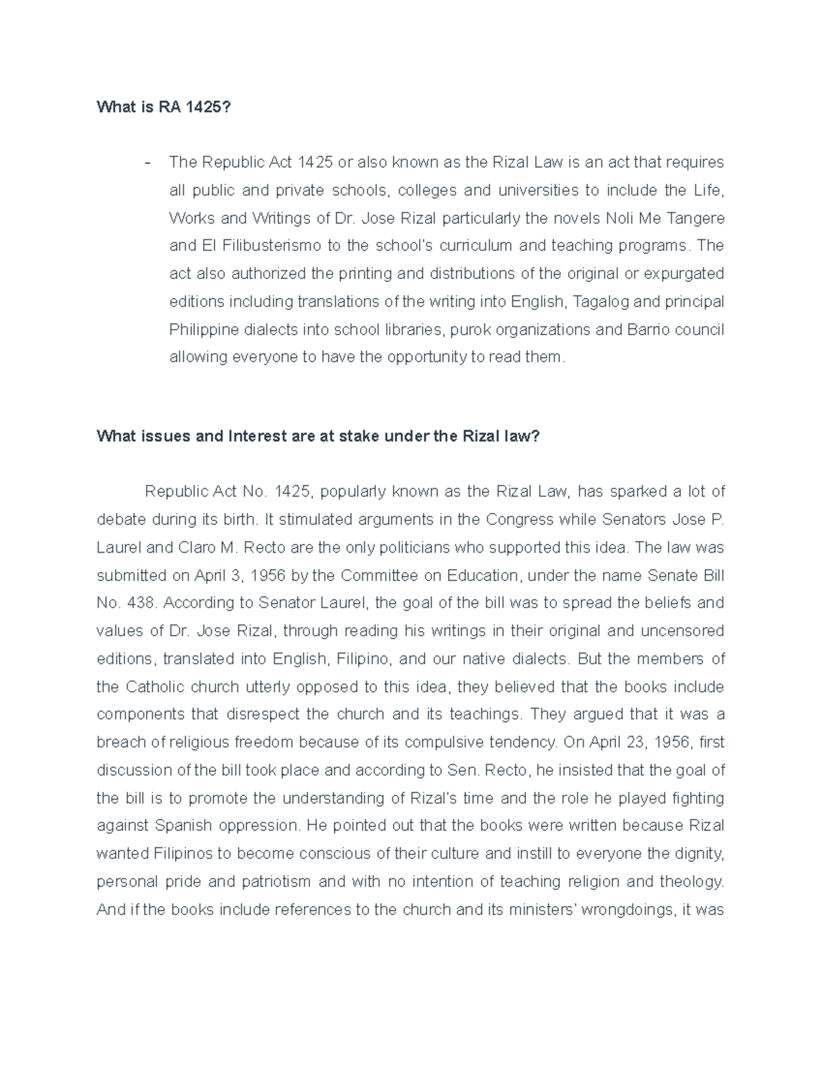Rizal Assignment - ddgrt - What is RA 1425? The Republic Act 1425 or ...