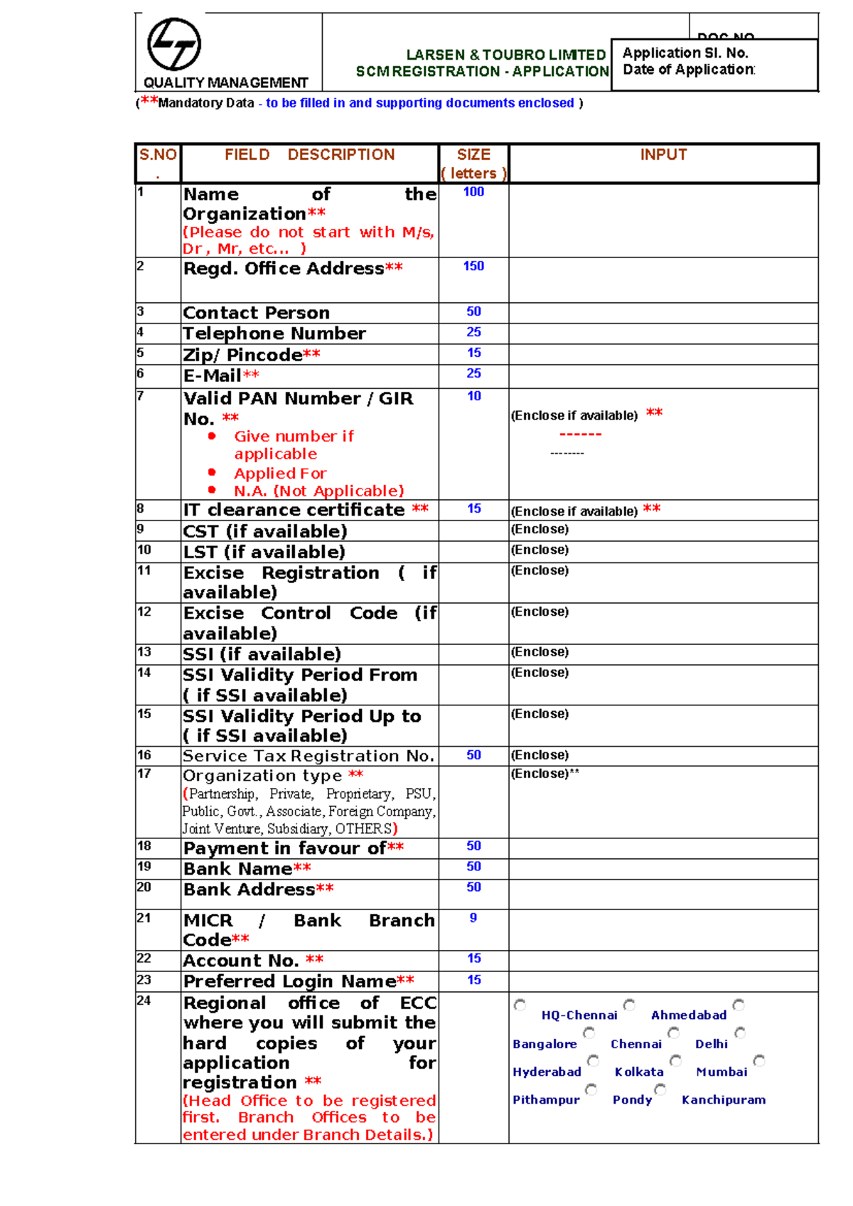 Sub Contractor Registration Form - QUALITY MANAGEMENT LARSEN & TOUBRO ...