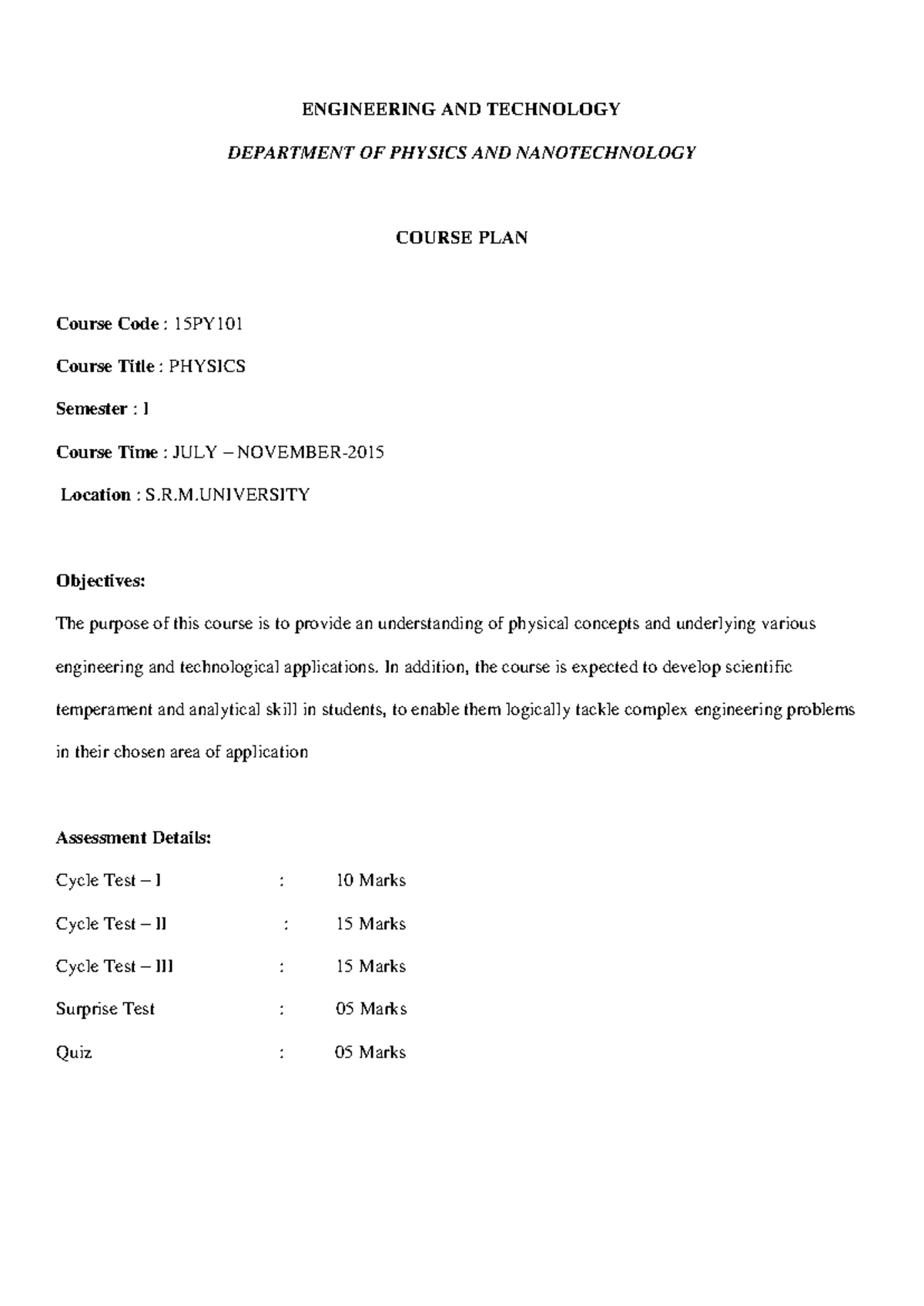 15PY101 lesson plan physics - ENGINEERING AND TECHNOLOGY DEPARTMENT OF ...