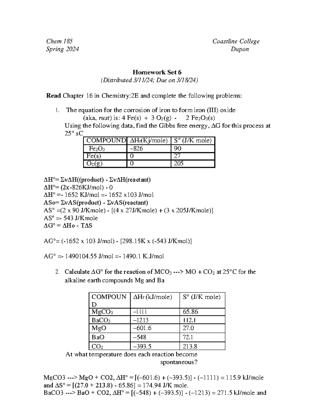185hw6 Sp24 - homework - Chem 185 Coastline College Spring 2024 Dupon ...