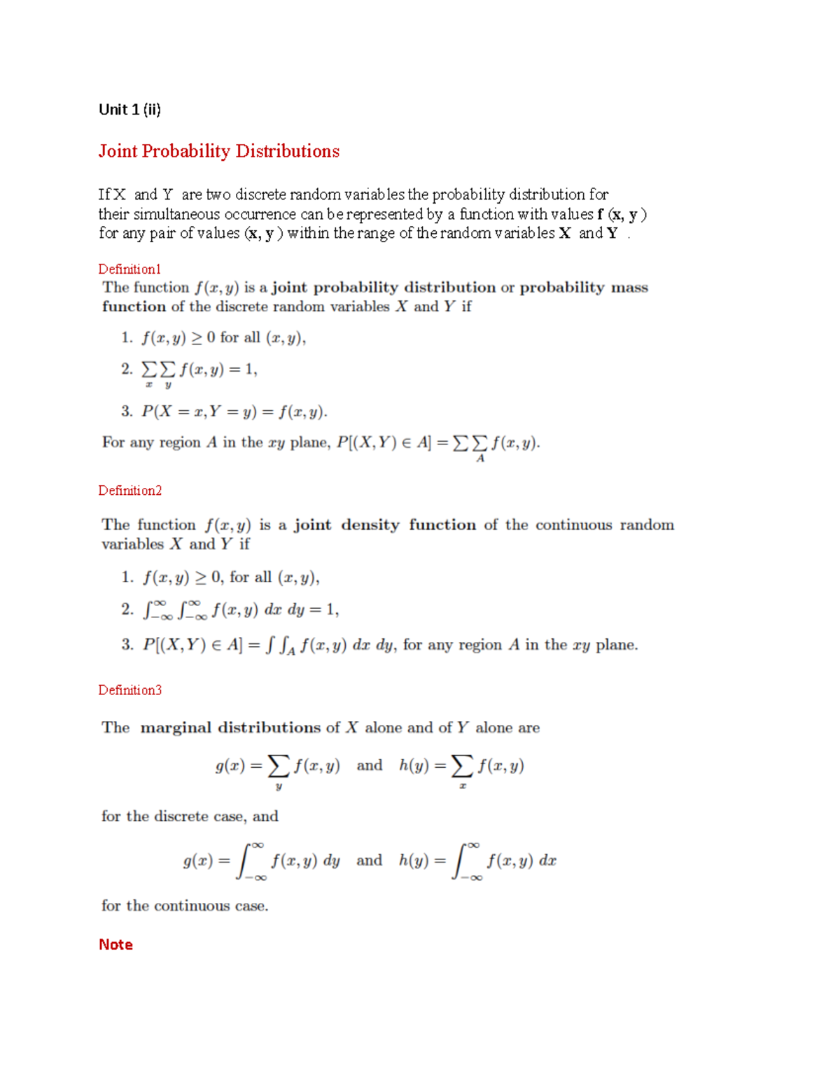 Unit 1 ii Joint pdf MTH302 - Unit 1 (ii) Joint Probability ...