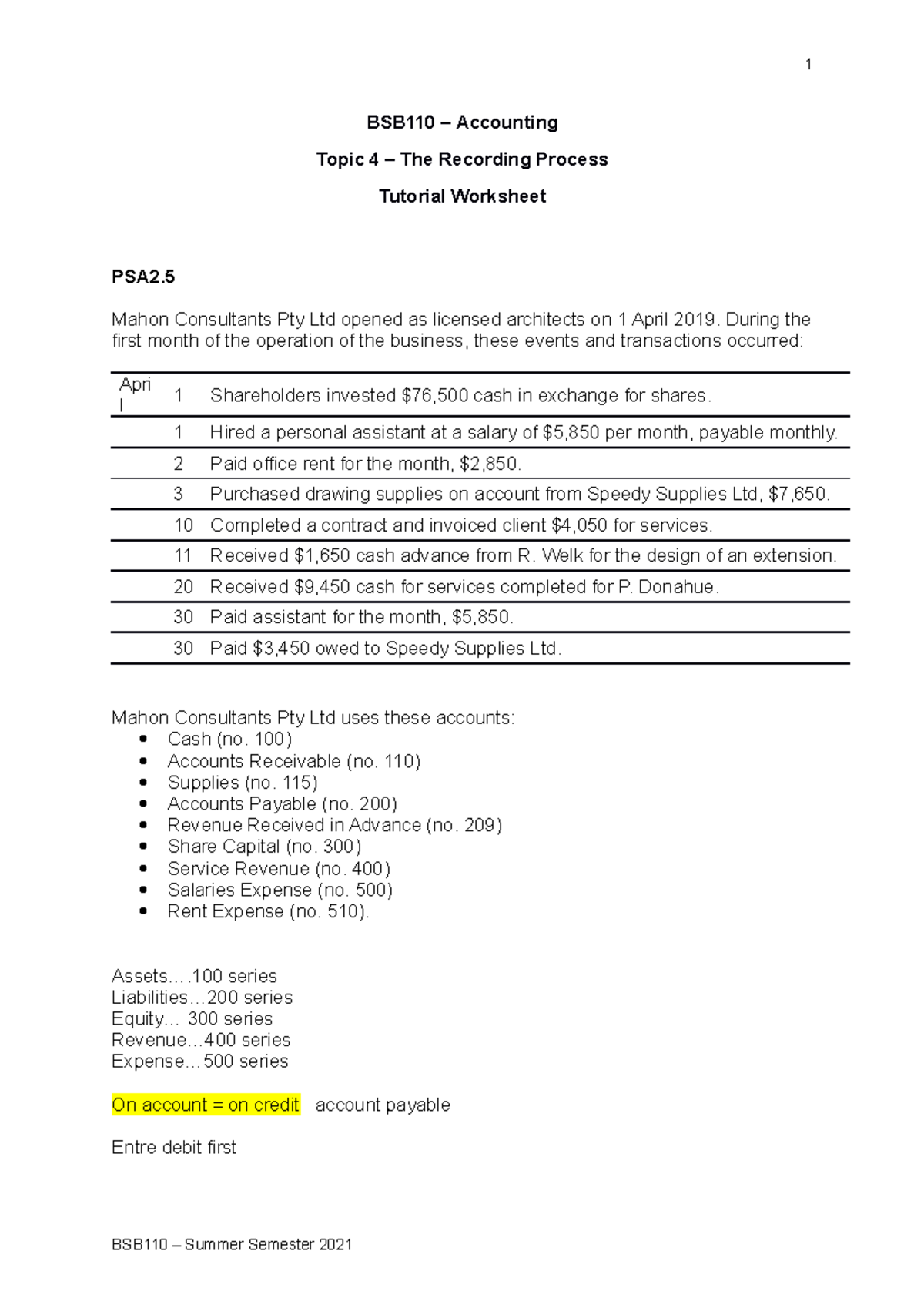 Topic 4 - Tutorial - Worksheet - 6 - BSB110 – Accounting Topic 4 – The ...