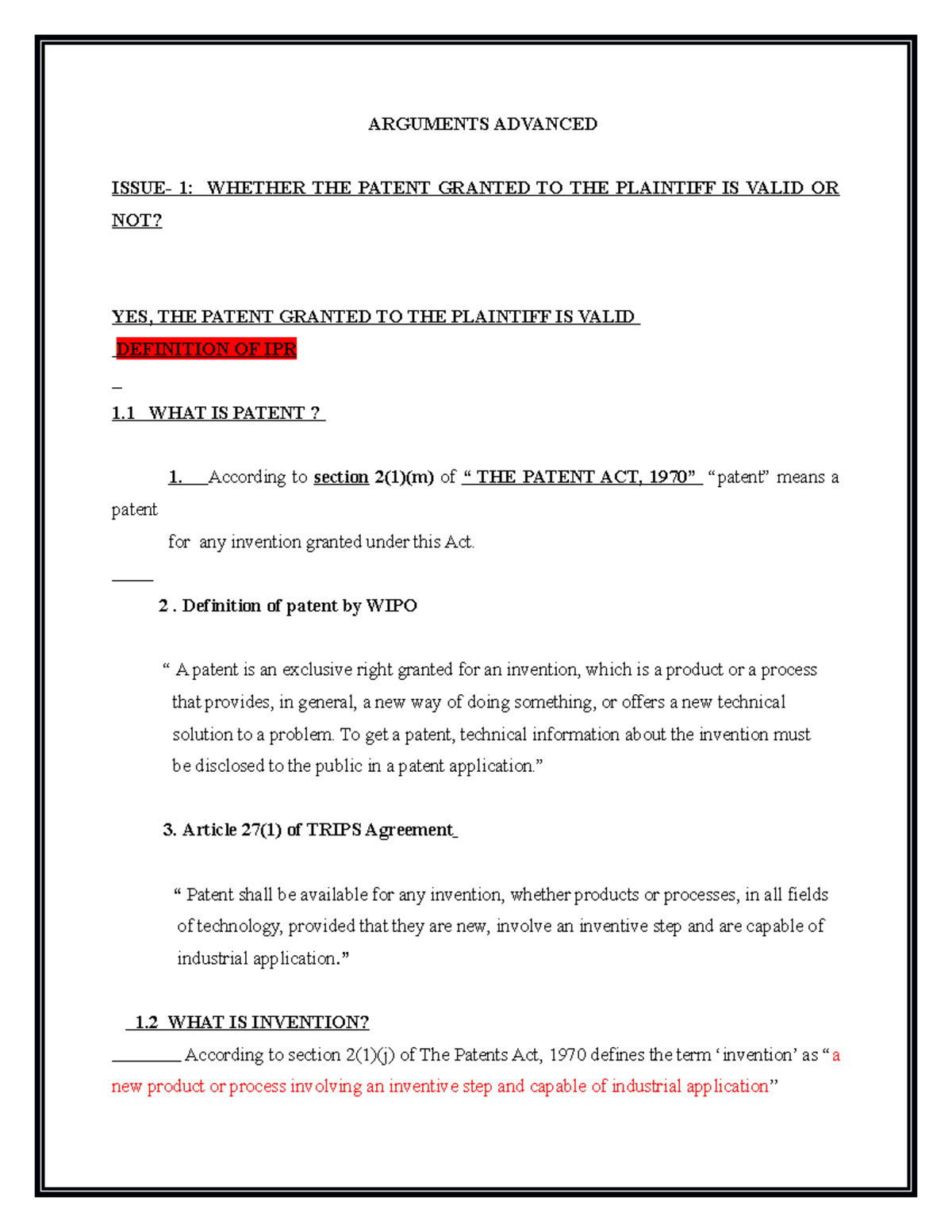 Plaintiff arguments advanced - ARGUMENTS ADVANCED ISSUE- 1: WHETHER THE ...