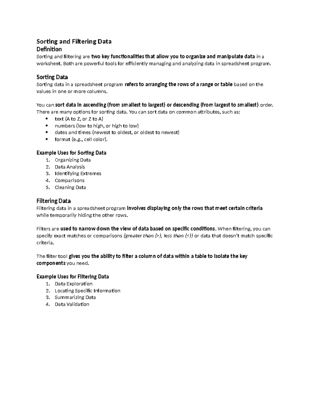 5 - Sorting and FIltering - Sorting and Filtering Data Definition ...