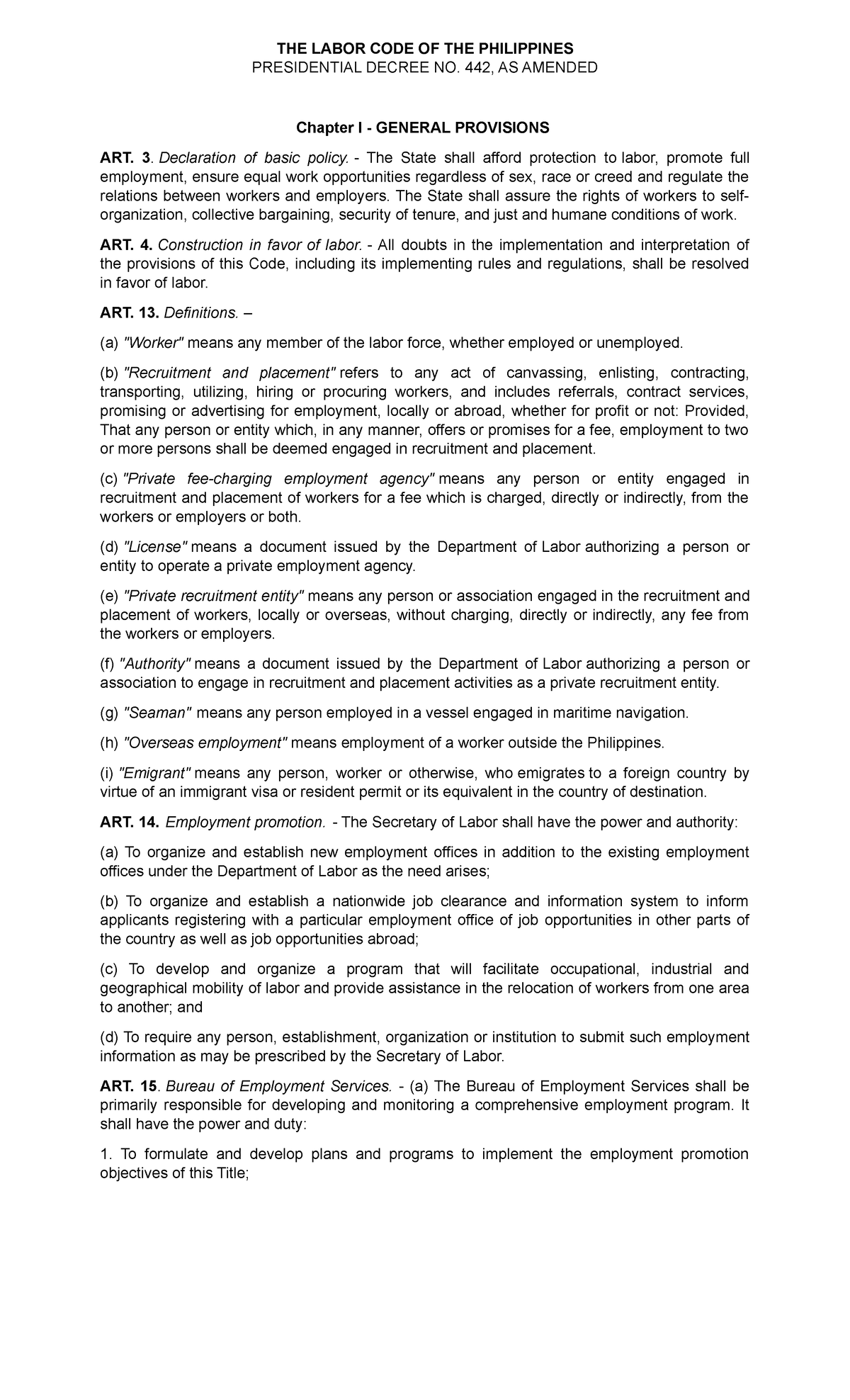 Labor CODE (3, 4, 13 - 35) - THE LABOR CODE OF THE PHILIPPINES ...