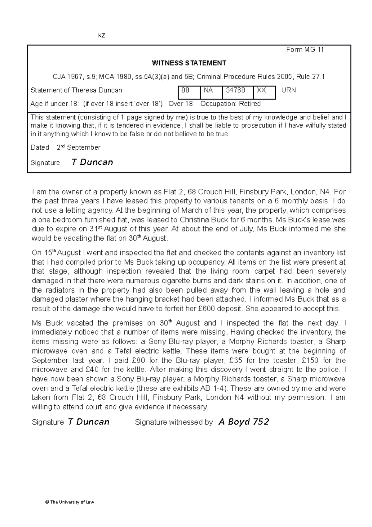 TASK 1 - KZ Form MG 11 WITNESS STATEMENT CJA 1967, s; MCA 1980, ss(3)(a ...