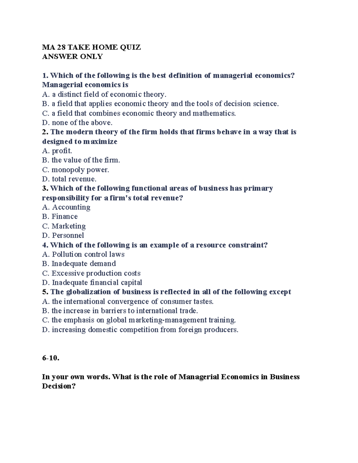 MA 28 TAKE HOME QUIZ - MA 28 TAKE HOME QUIZ ANSWER ONLY Which of the ...