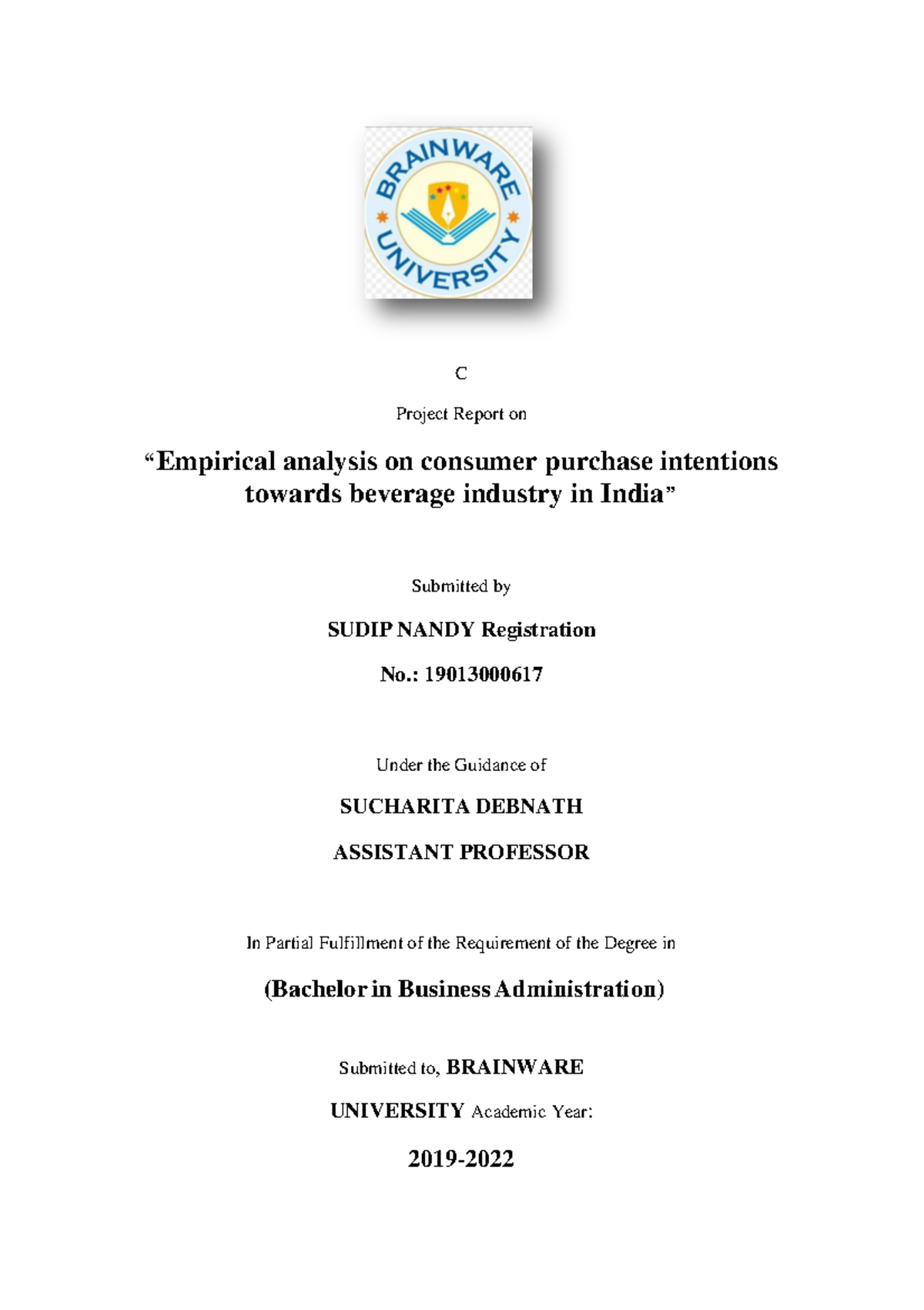 Sudip Nandy BWU BBA 19 125 - C Project Report on