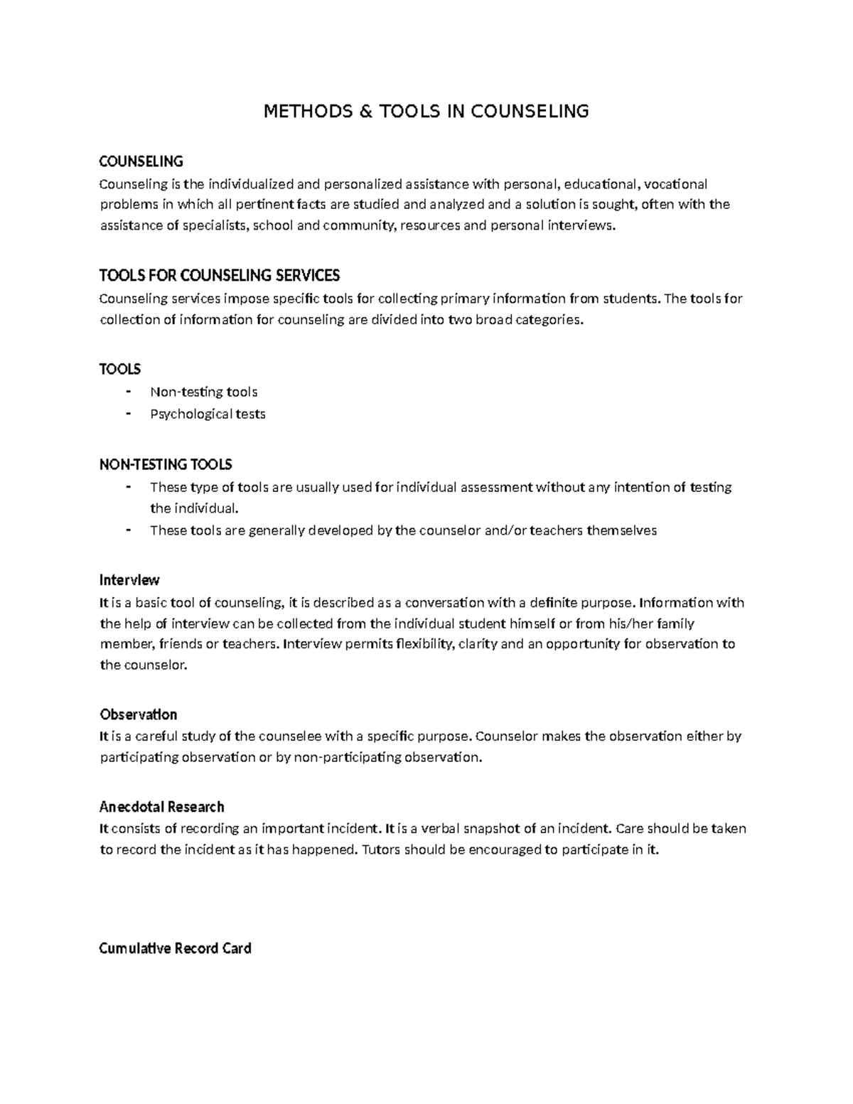 Methods Tools IN Counseling 2 - METHODS & TOOLS IN COUNSELING ...