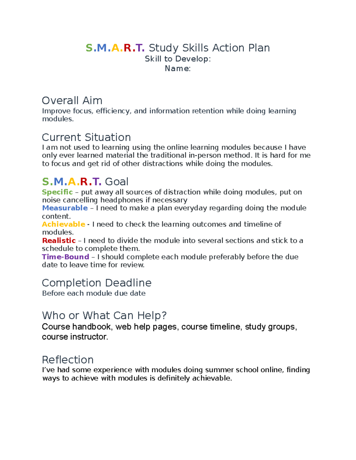 Smart Goal Template - hkjhj - S.M.A.R. Study Skills Action Plan Skill ...
