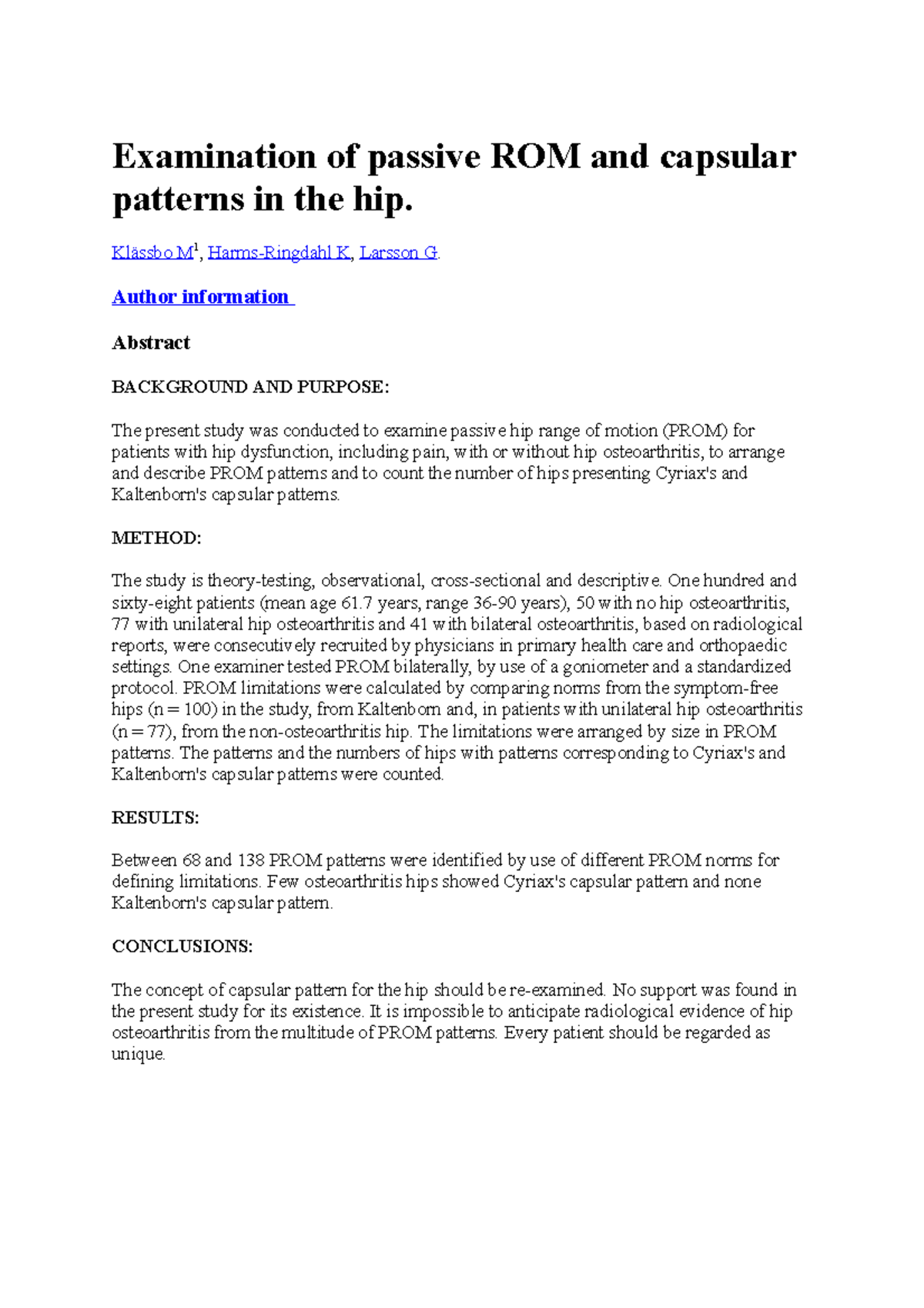 Examination of passive ROM and capsular patterns in the hip - Klässbo M ...
