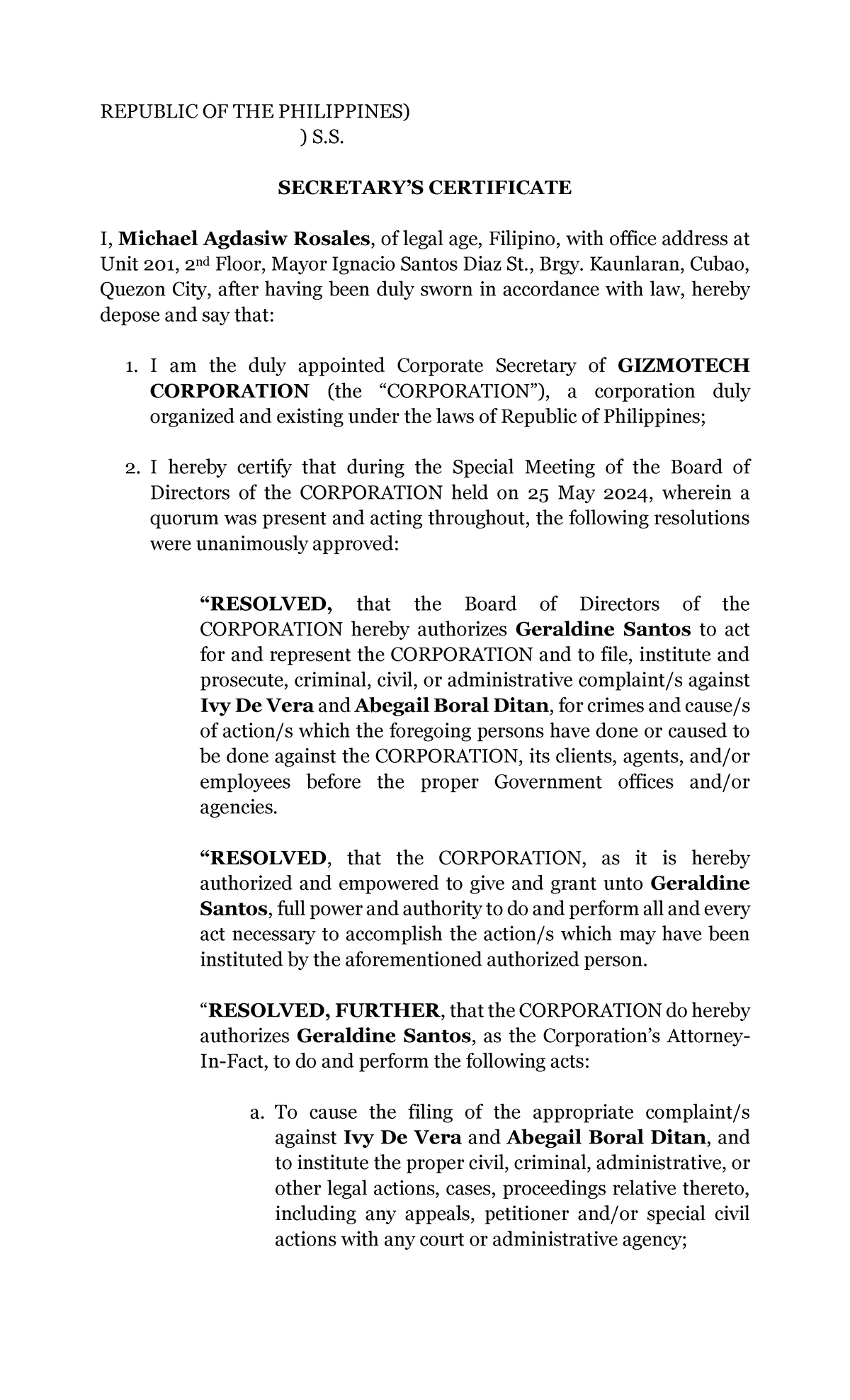 Secretary Certificate Gizmotech Makati - REPUBLIC OF THE PHILIPPINES ...