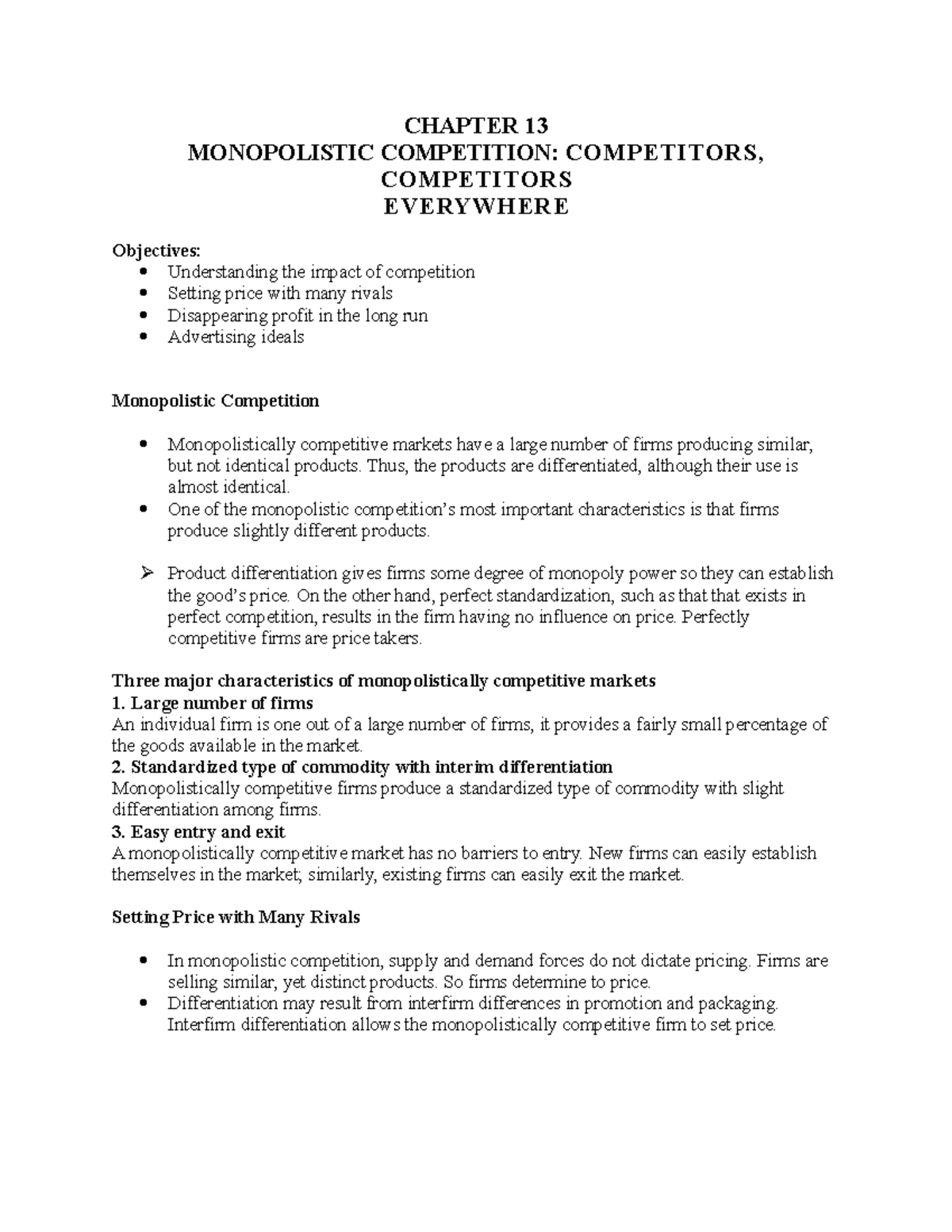 Chapter 13 ECON Summary - CHAPTER 13 MONOPOLISTIC COMPETITION ...