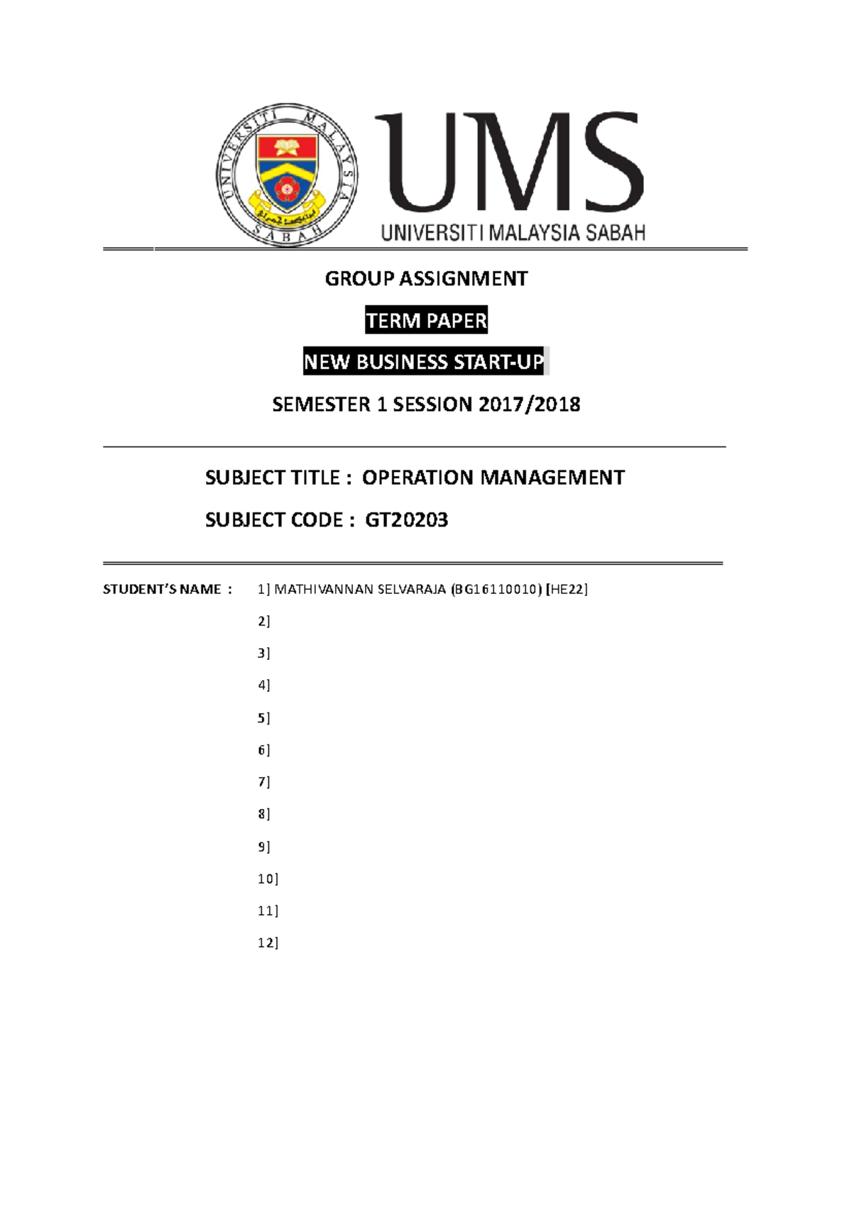 Operation Management - GROUP ASSIGNMENT TERM PAPER NEW BUSINESS START ...