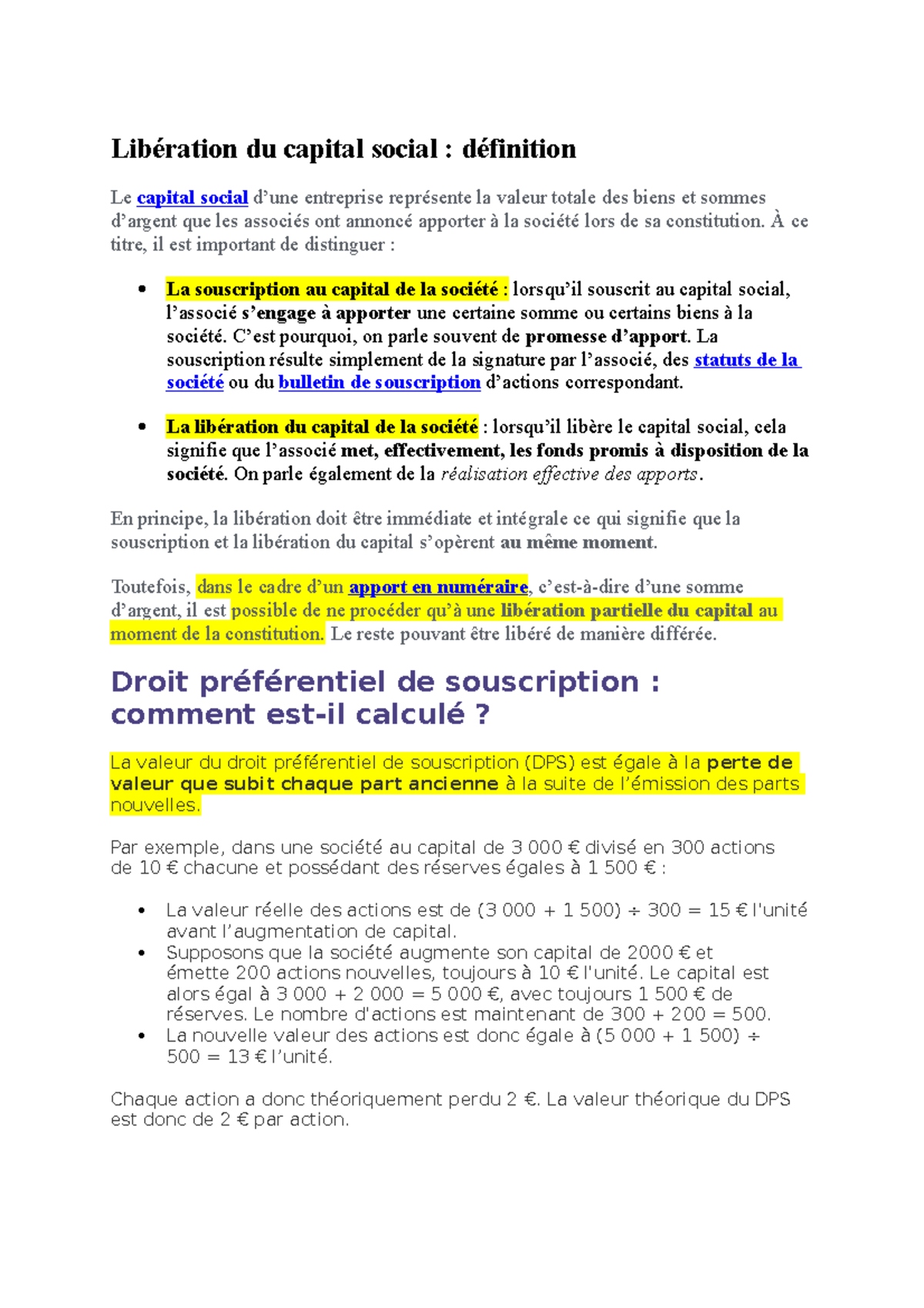 Libération du capital social - À ce titre, il est important de ...