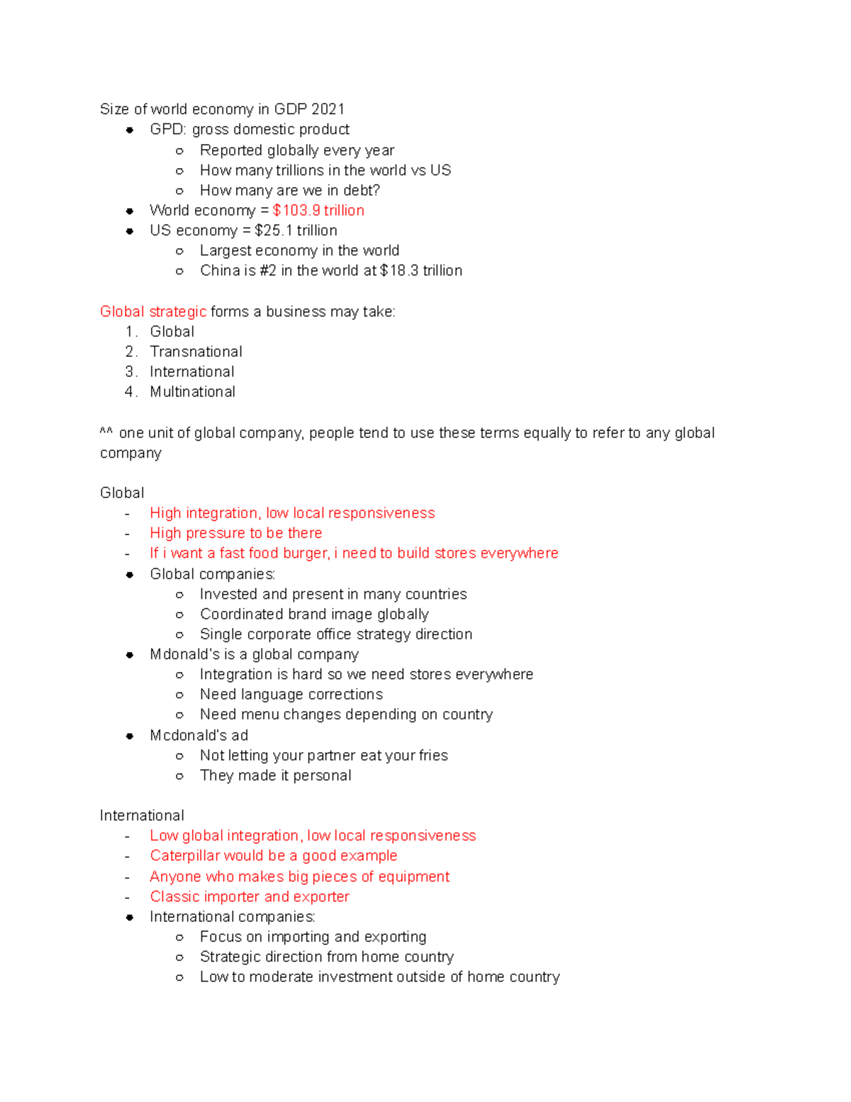 5 - management notes - Size of world economy in GDP 2021 GPD: gross ...