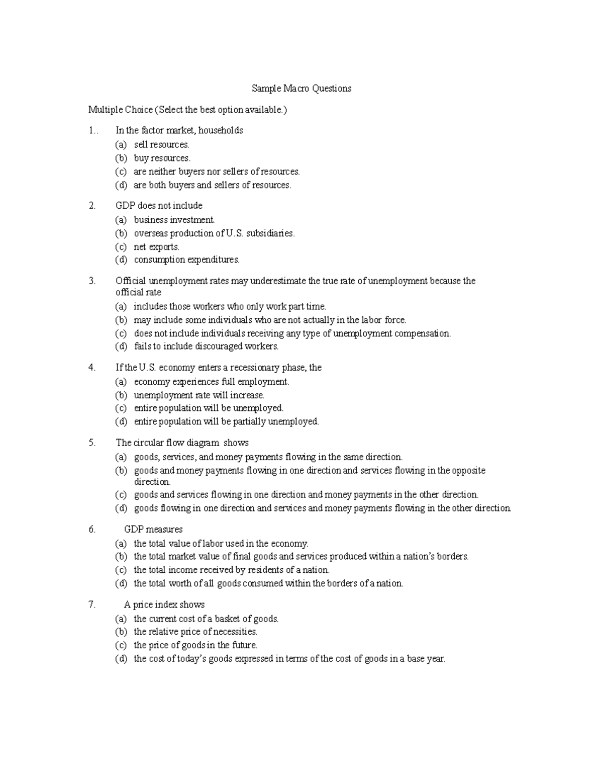 Sample Macro Questions - Sample Macro Questions Multiple Choice (Select ...