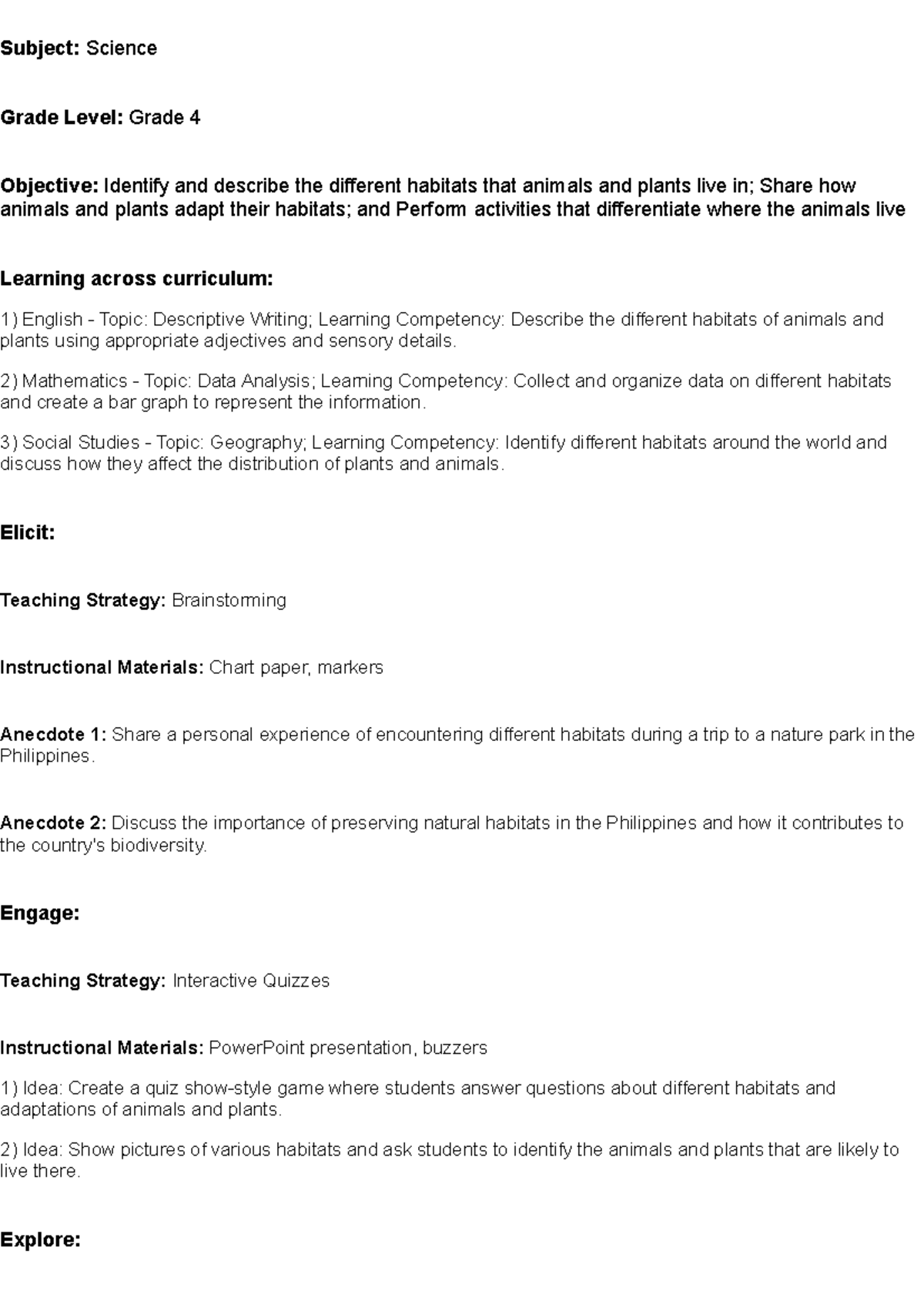 Lesson plan - Subject: Science Grade Level: Grade 4 Objective: Identify ...