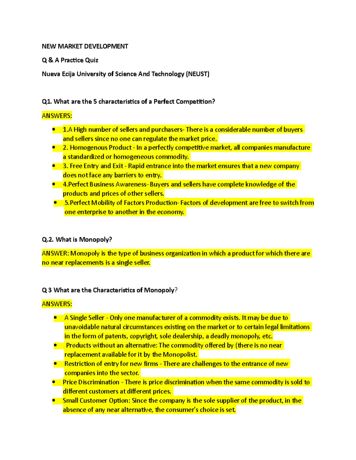 New Market Development Example Quiz with answers - NEW MARKET ...