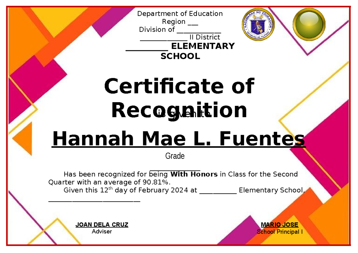 Certificate 4 - Fuentes Has been recognized for being With Honors in ...