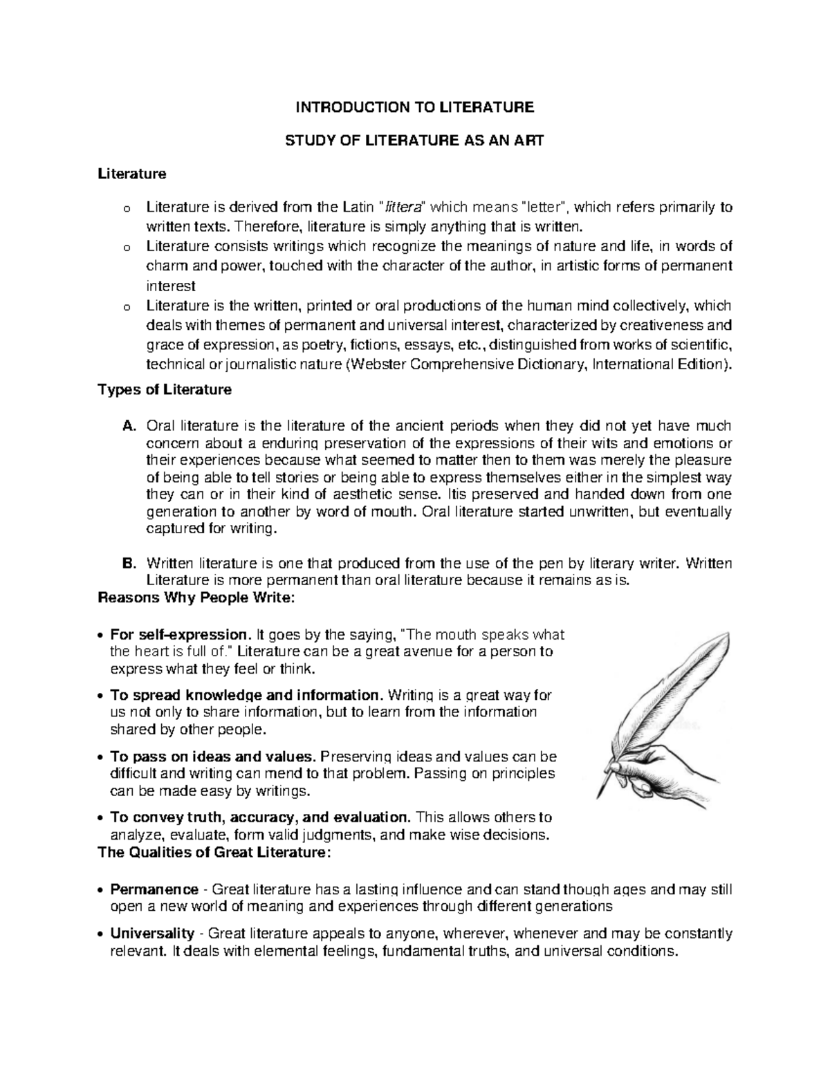 Study OF Literature AS AN ART - OLFU - Studocu