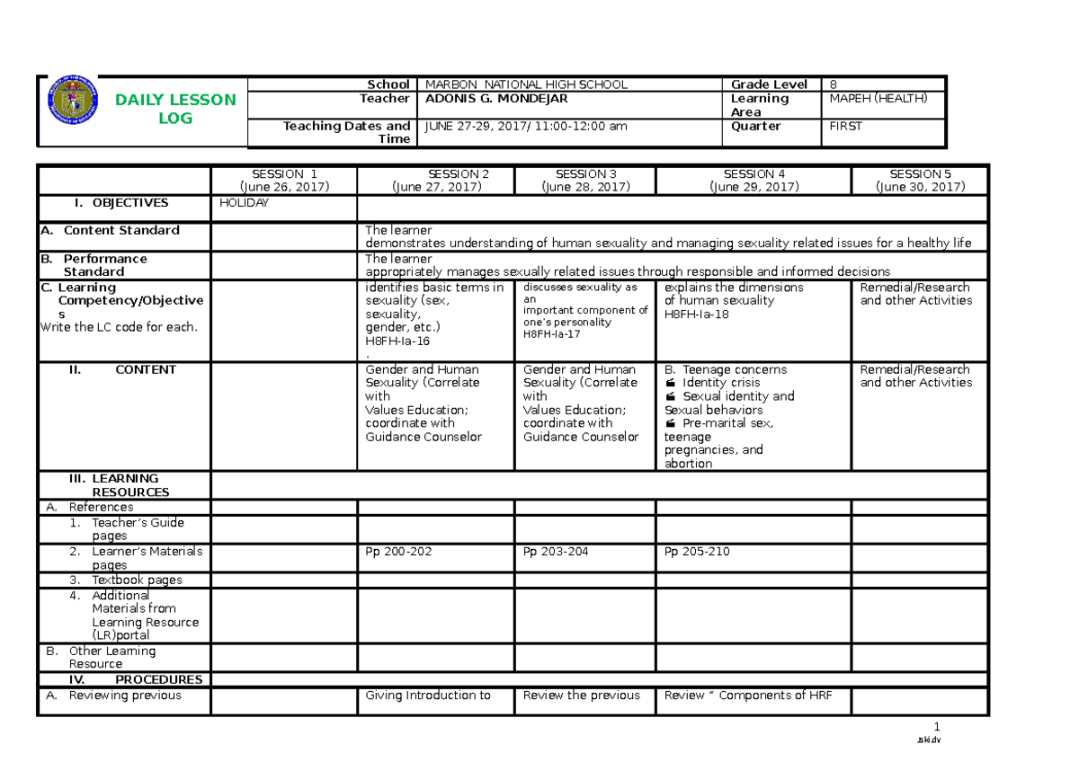 DLL TLE 7 - DLL - DAILY LESSON LOG School MARBON NATIONAL HIGH SCHOOL ...