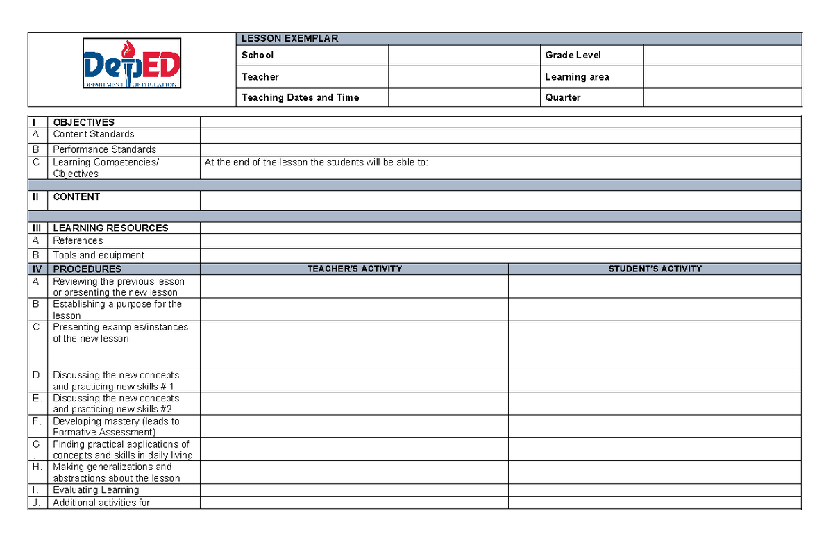 Revised format of DLP - LESSON EXEMPLAR School Grade Level Teacher ...