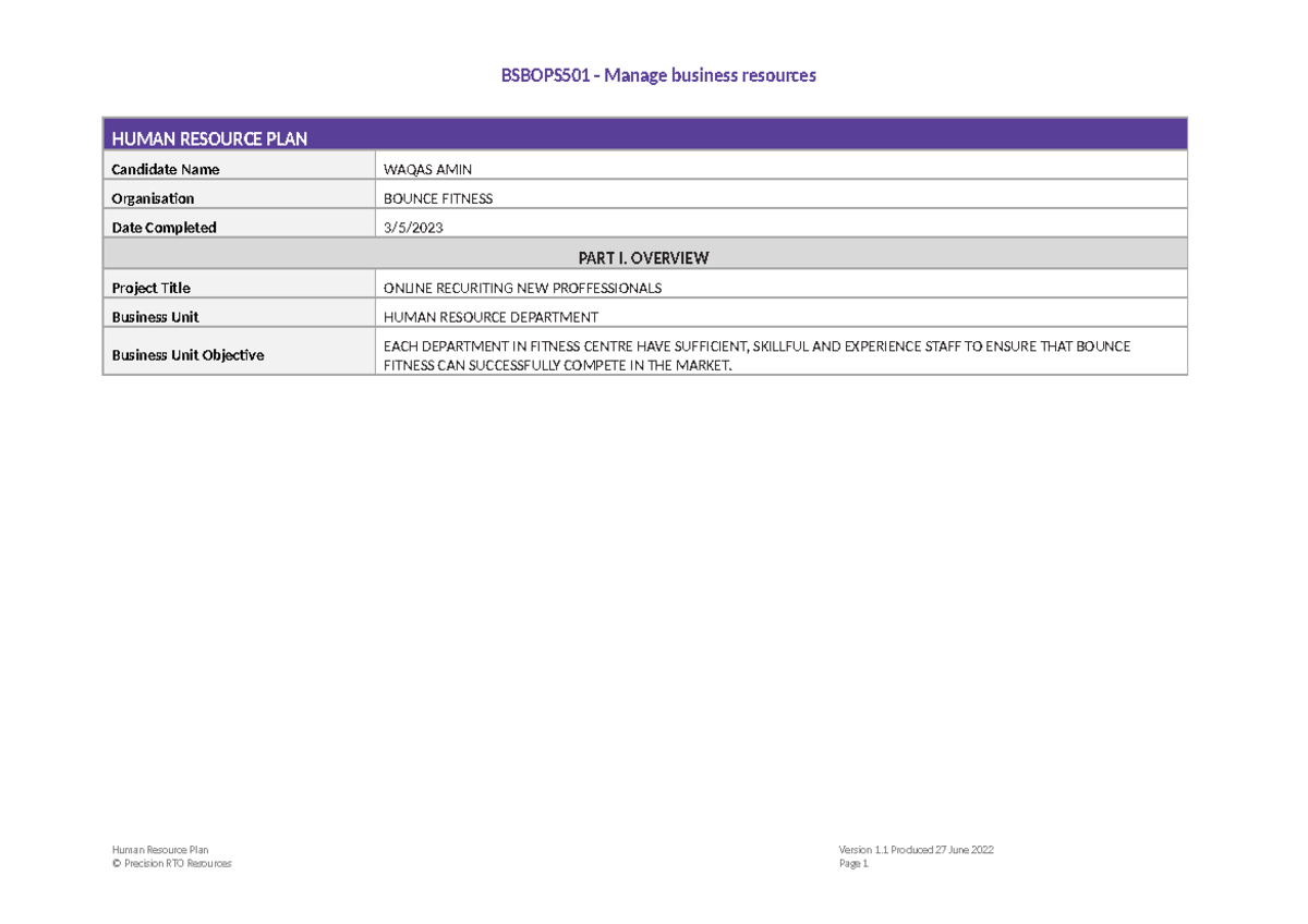 Bsbops 501 human resource plan template v1 - BSBOPS501 - Manage ...