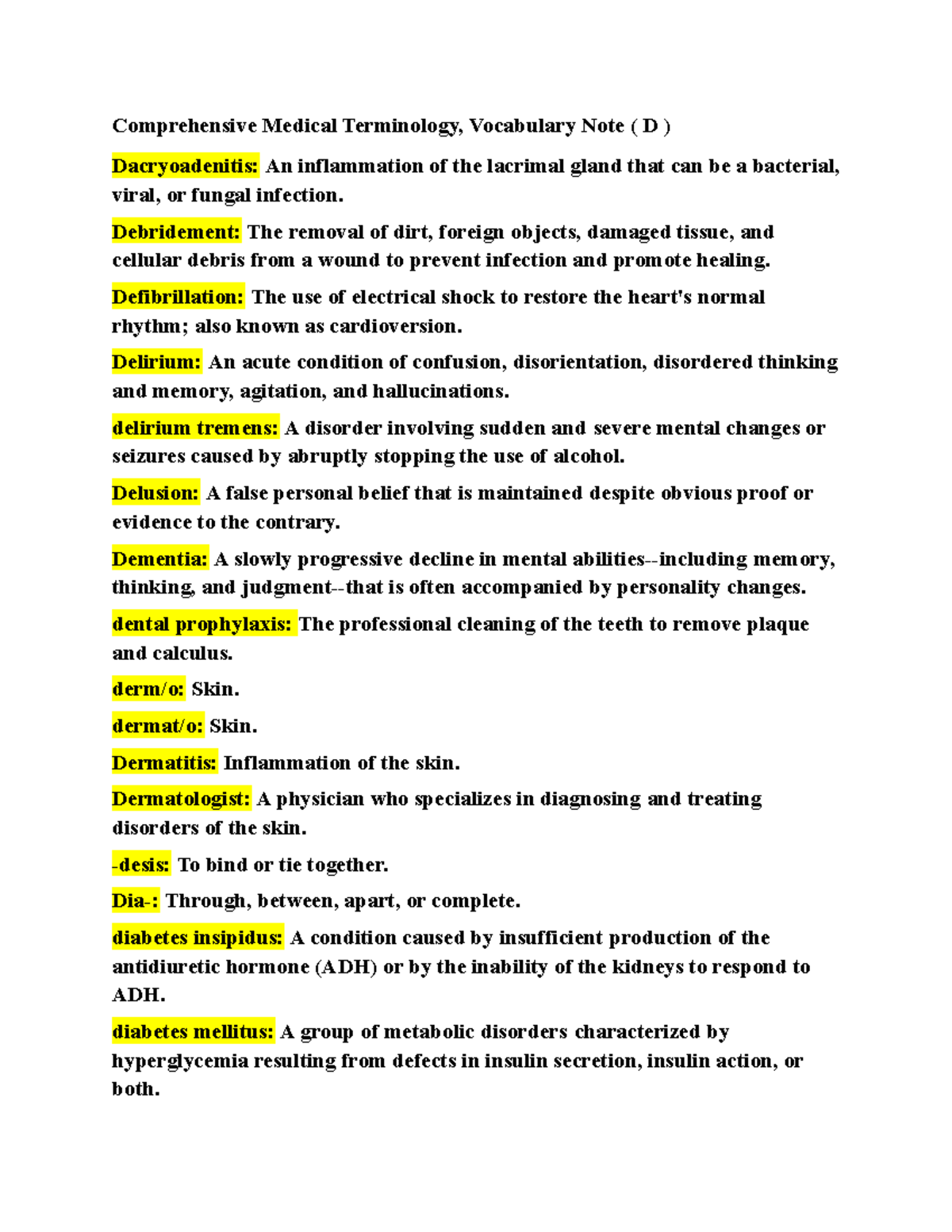 Vocabulary Note ( D ) - Comprehensive Medical Terminology, Vocabulary ...