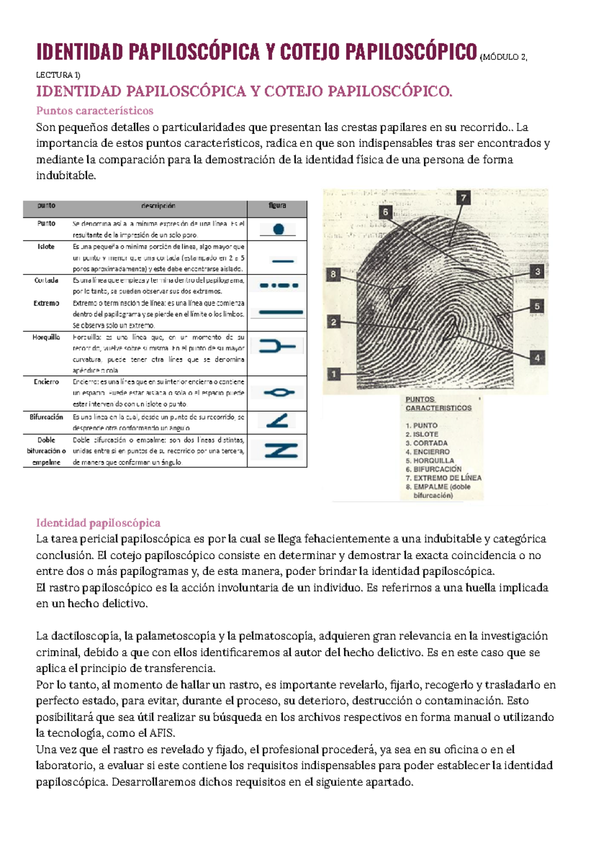 Papiloscopía- Rastros. Módulo 2 - IDENTIDAD PAPILOSCÓPICA Y COTEJO ...