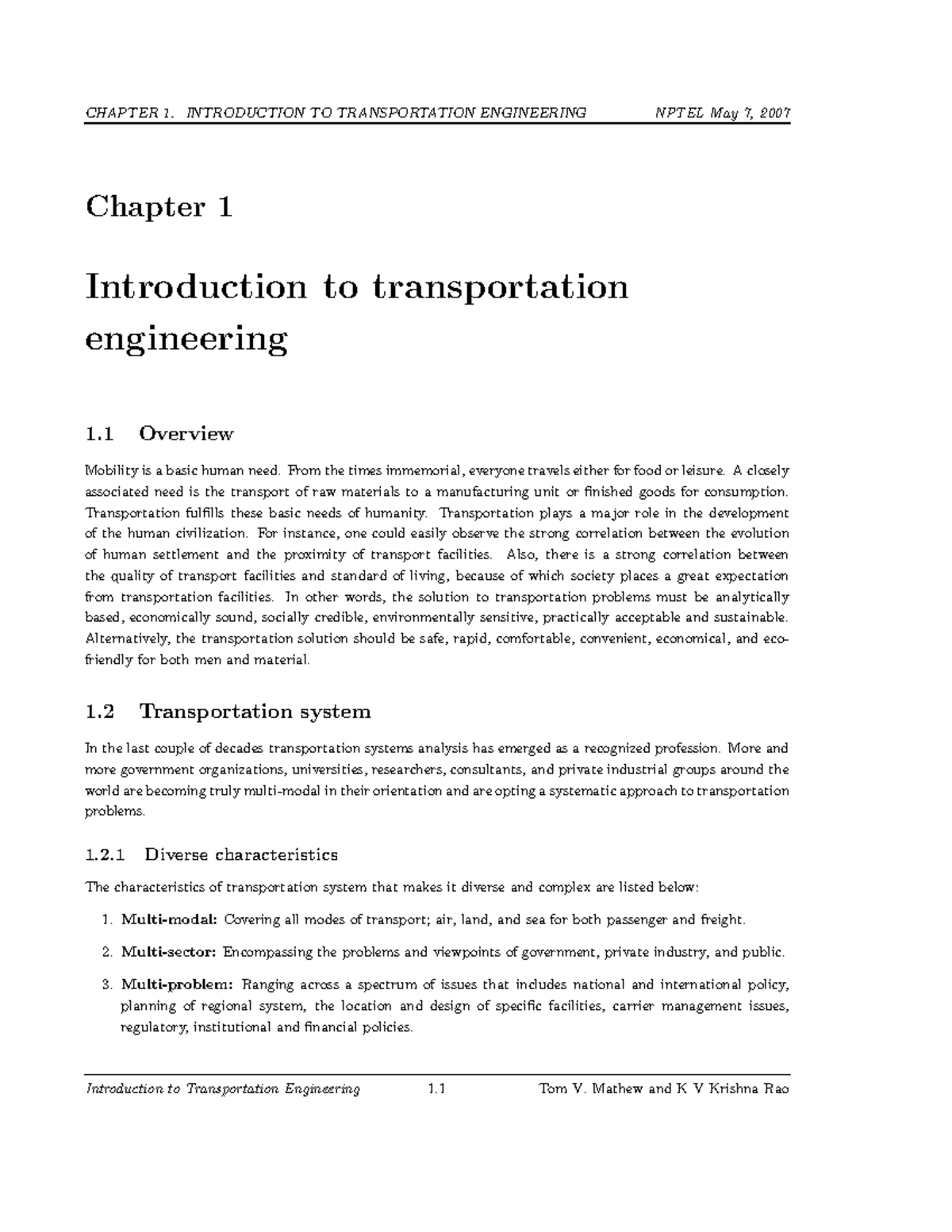 Transportation engineering - Chapter 1 Introduction to transportation engineering 1 Overview ...