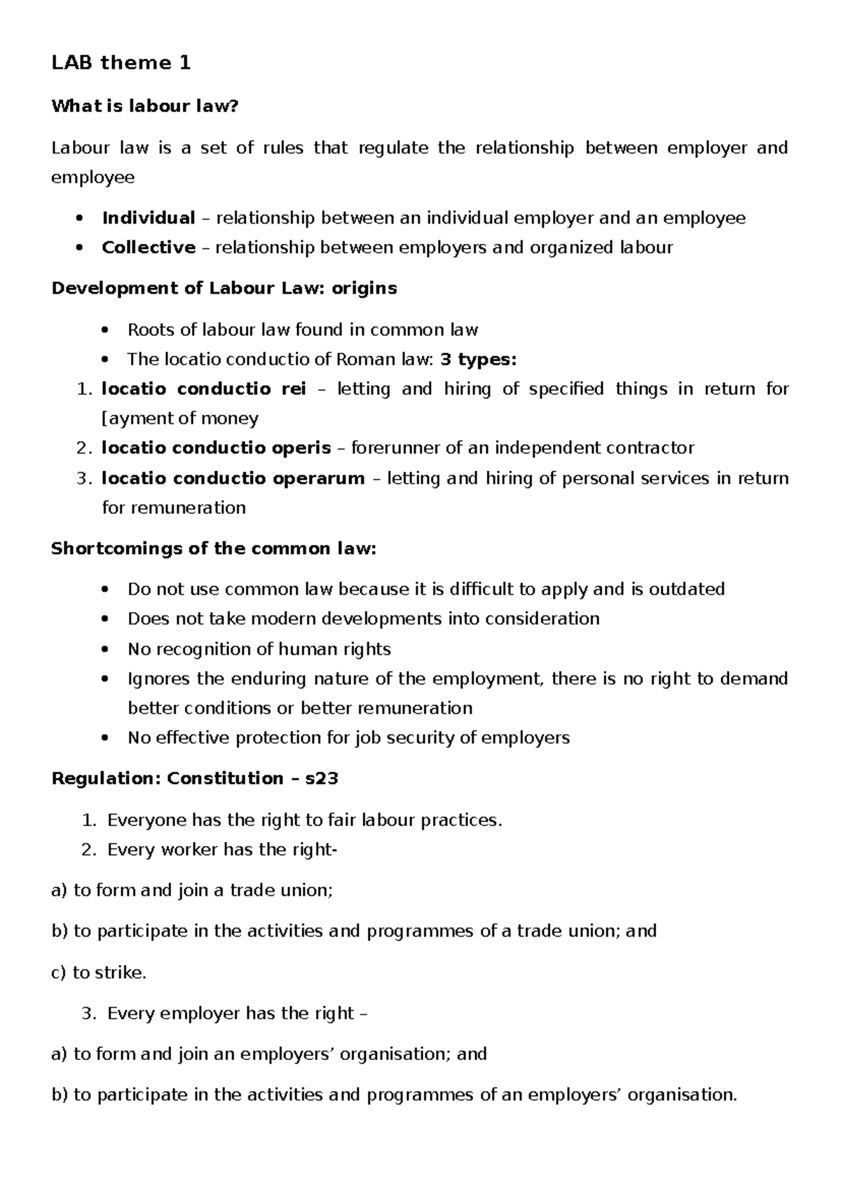 LAB theme 1 - lecture notes - LAB theme 1 What is labour law? Labour ...