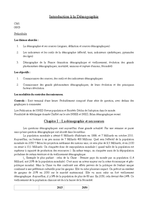 Demographie - Notes de cours cours complet - DEMOGRAPHIE O8. Séance 1 ...