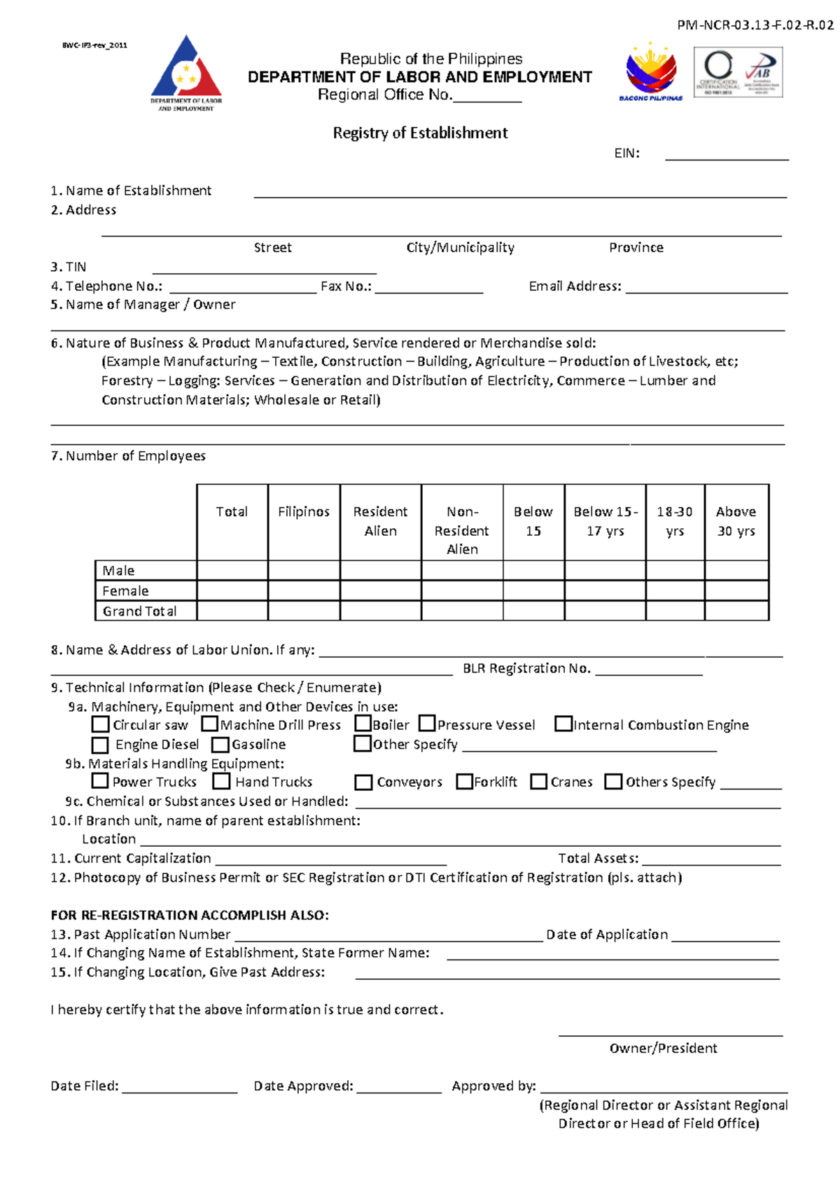 PM-NCR-03.13-F.02-R.02 - Registry of Establishment Rule1020 - Republic ...