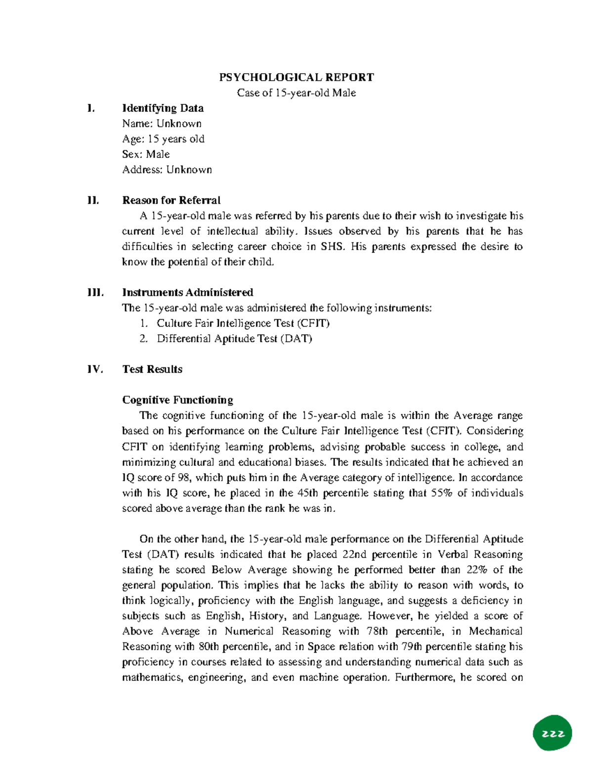 Psychological Report - Usage of CFIT and DAT - PSYCHOLOGICAL REPORT ...
