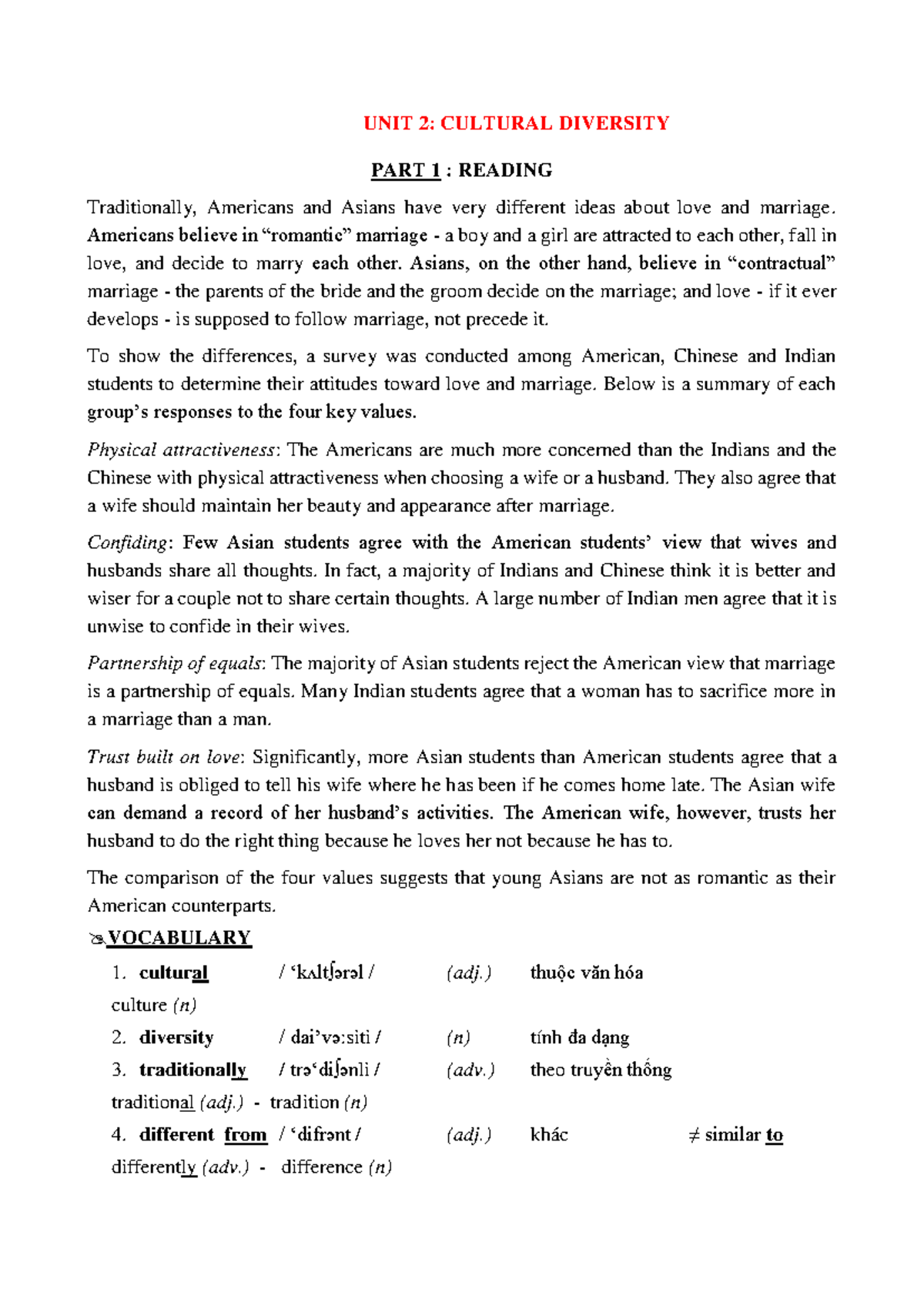 Reading TEXT and Vocab UNIT 2 - UNIT 2: CULTURAL DIVERSITY PART 1 ...