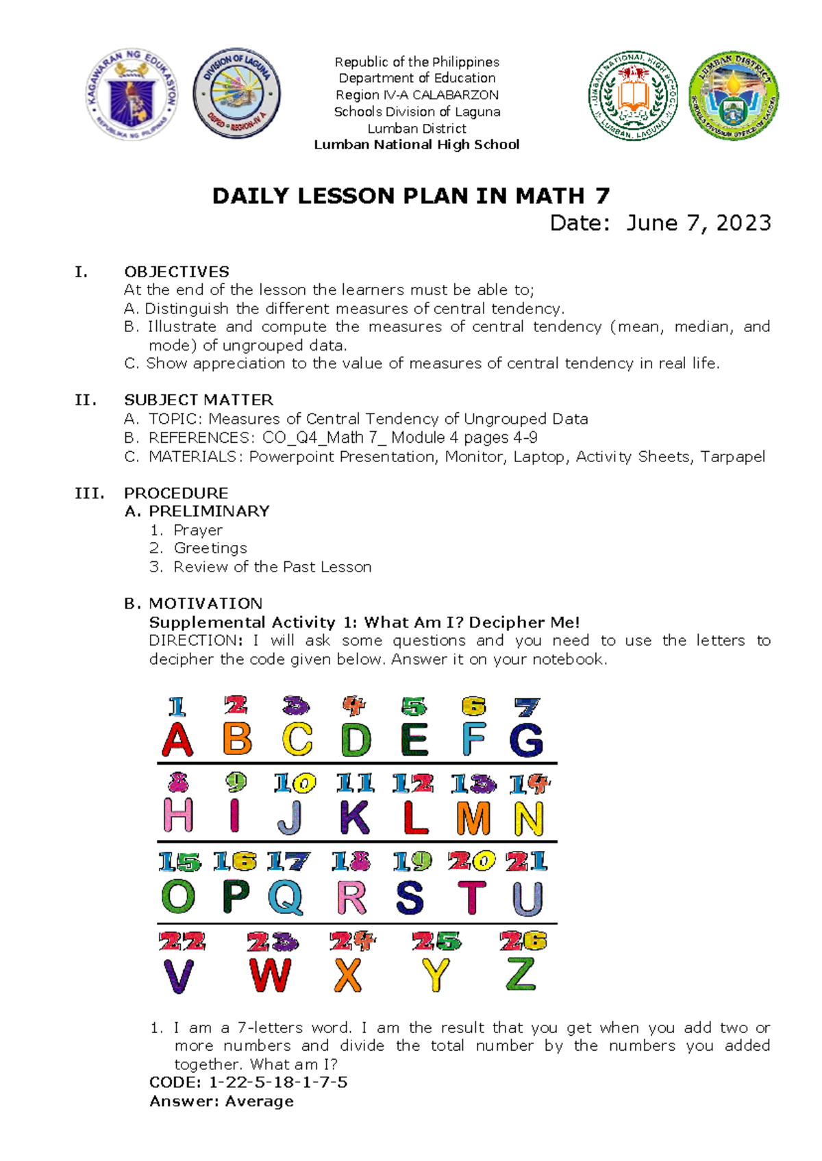 DLP-MATH - Daily lesson plan for mathematics - DAILY LESSON PLAN IN ...