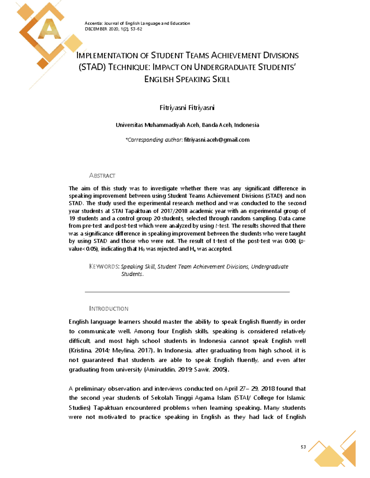 Implementation of Student Teams Achievement Divisions (STAD) technique- Impact on undergraduate ...