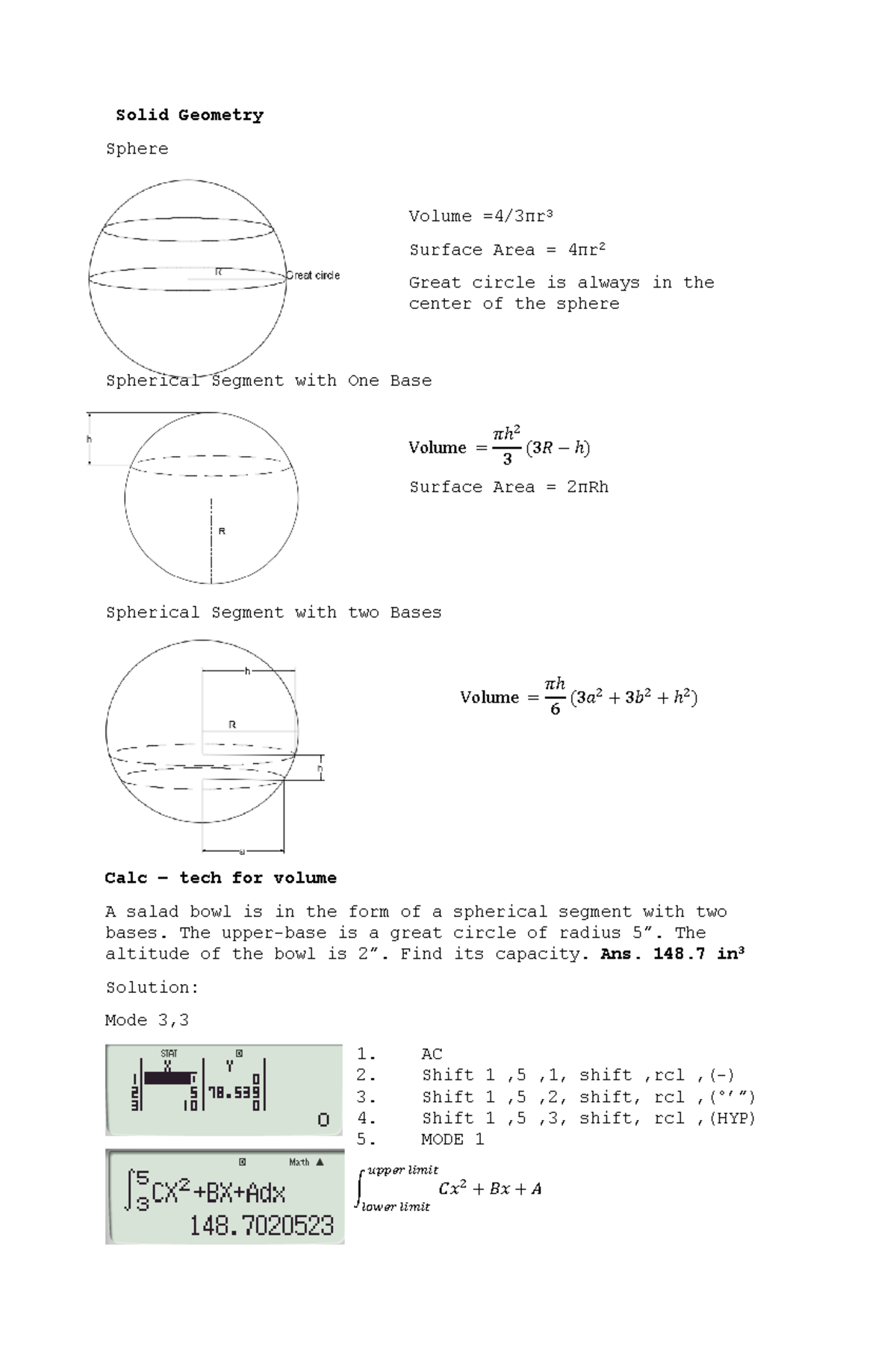 Calculator techniques(Solid Geometry) - Solid Geometry Sphere Spherical ...