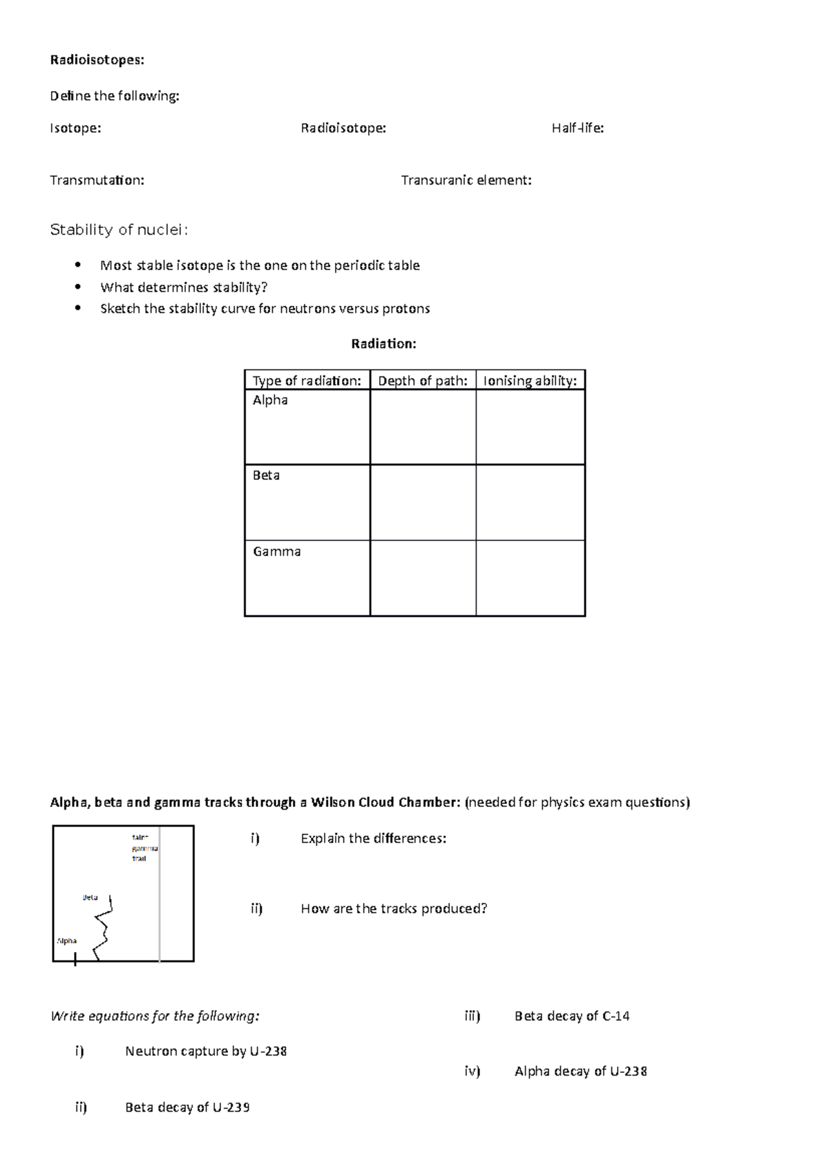 Radioisotopes Summary sheet Chem - Radioisotopes: Define the following ...