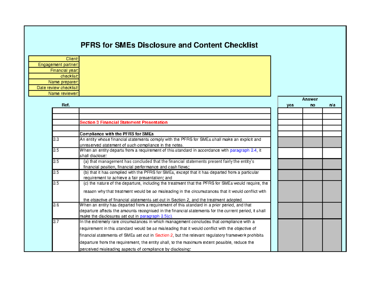 SME FS Disclosure Checklist SMEs PFRS For SMEs Disclosure And