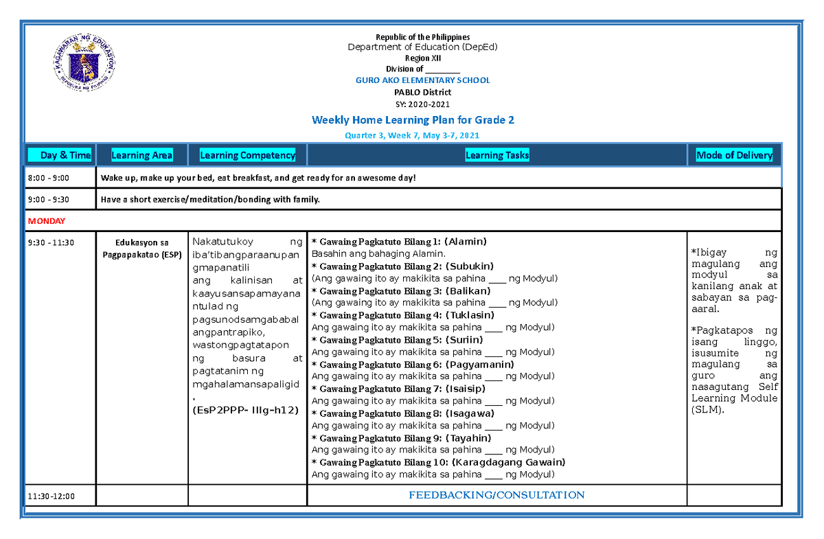 Grade 2 ALL Subjects WHLP Q3 W7 - Weekly Home Learning Plan for Grade 2 ...