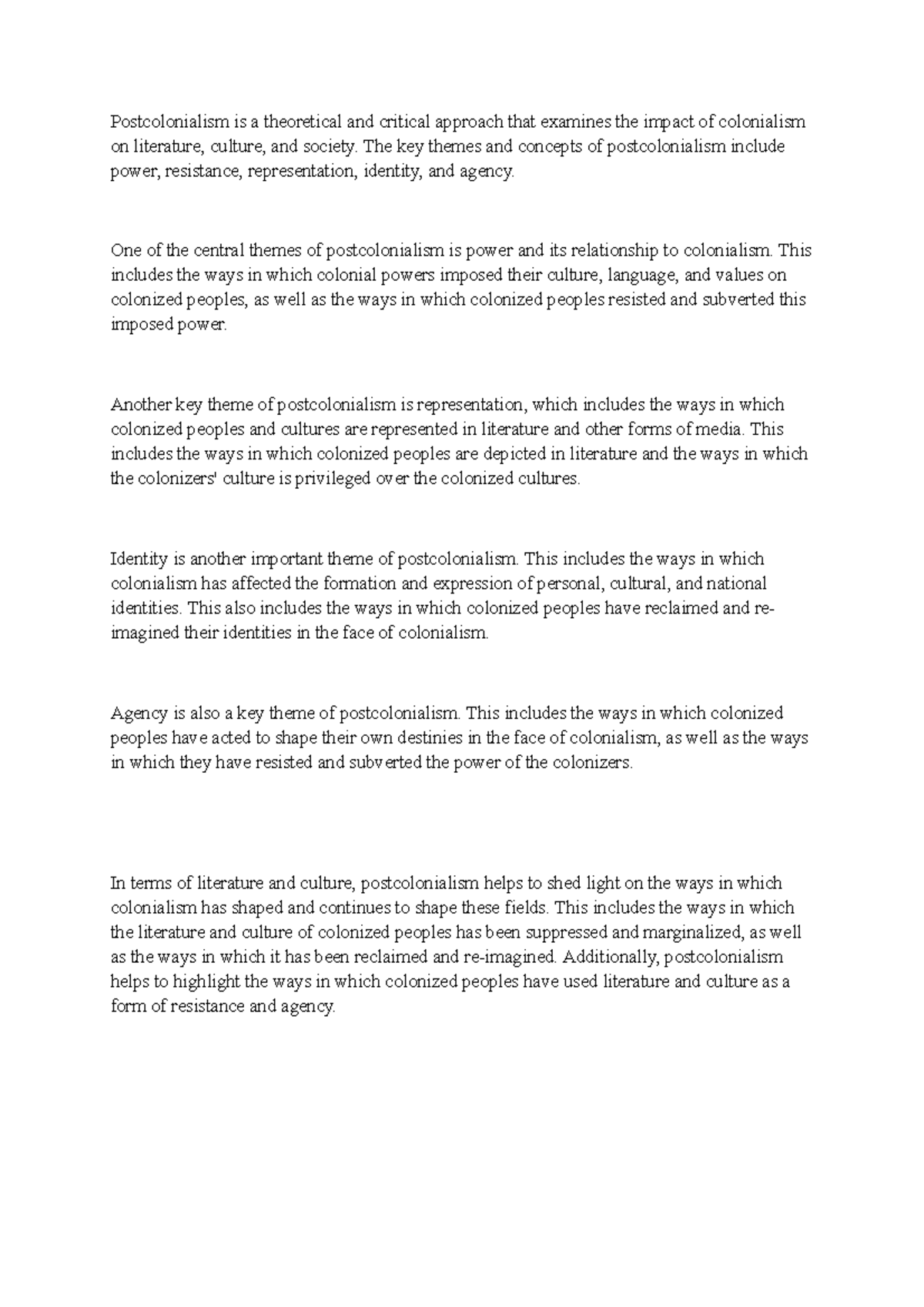 The relation of the key themes and concepts of postcolonialism to the ...