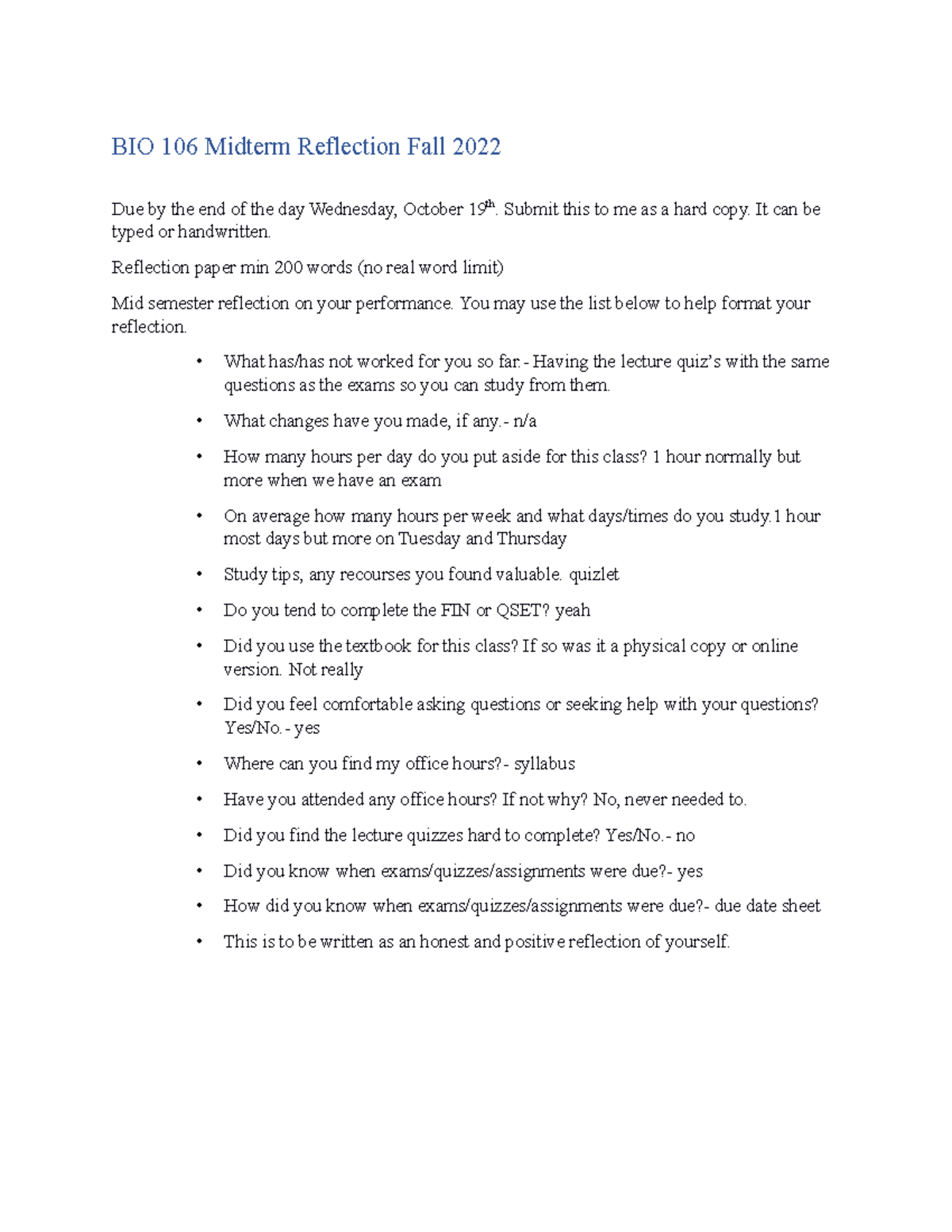 BIO 106 Midterm Reflection Fall 2022 - BIO 106 Midterm Reflection Fall ...