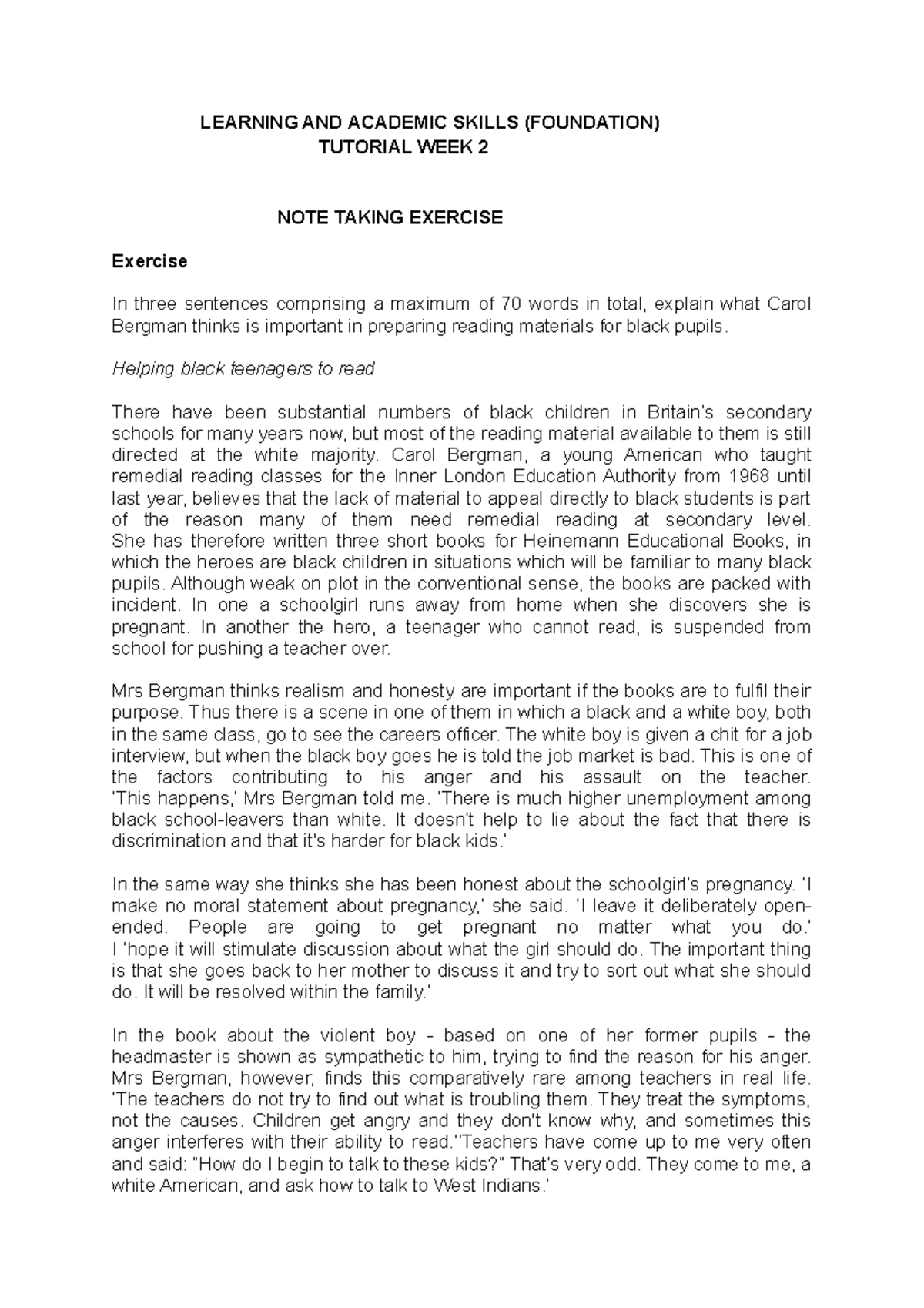 WEEK 2 Note taking exercise - LEARNING AND ACADEMIC SKILLS (FOUNDATION ...