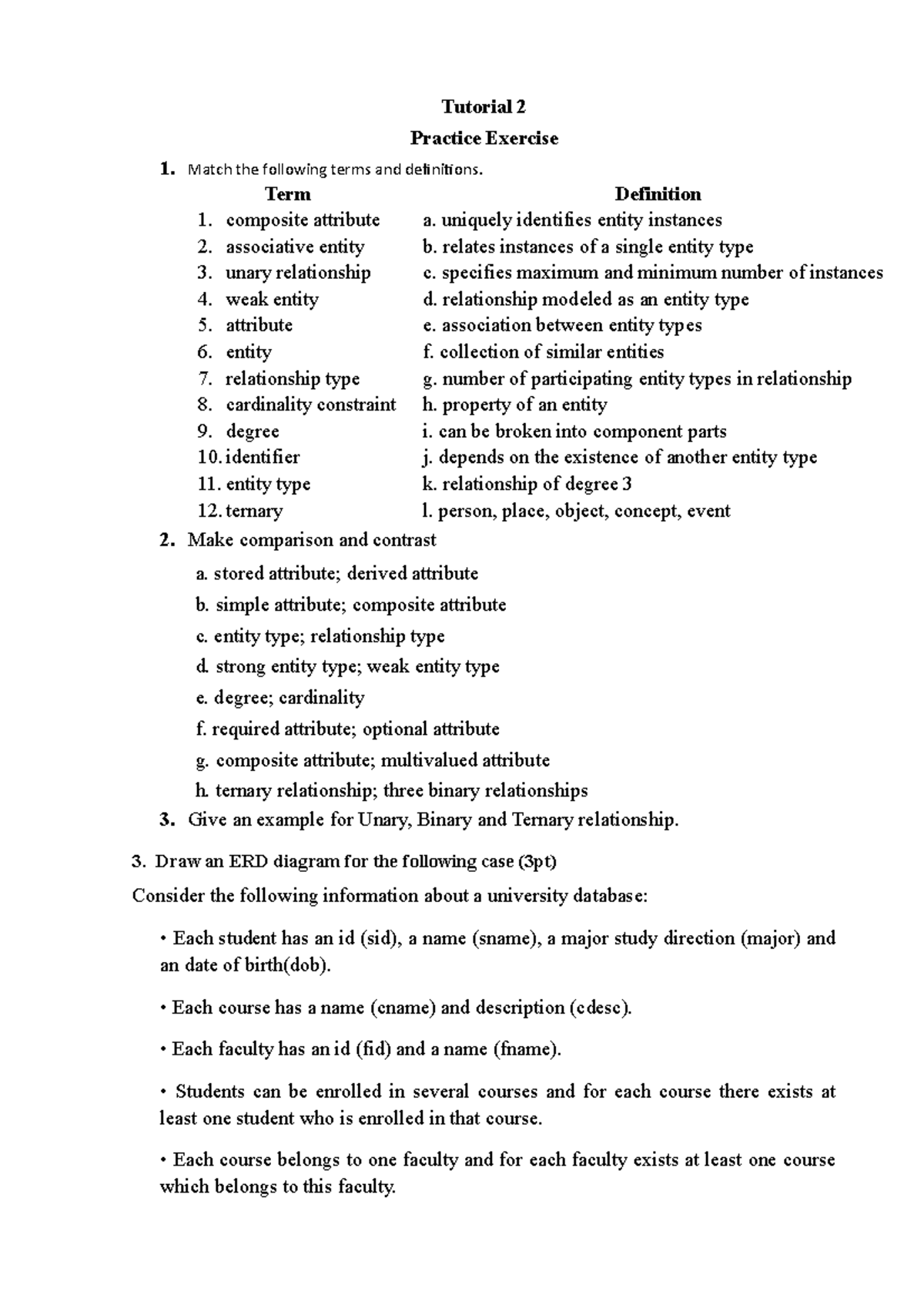 Tutorial 2 Excercise - subject - Tutorial 2 Practice Exercise Match the ...